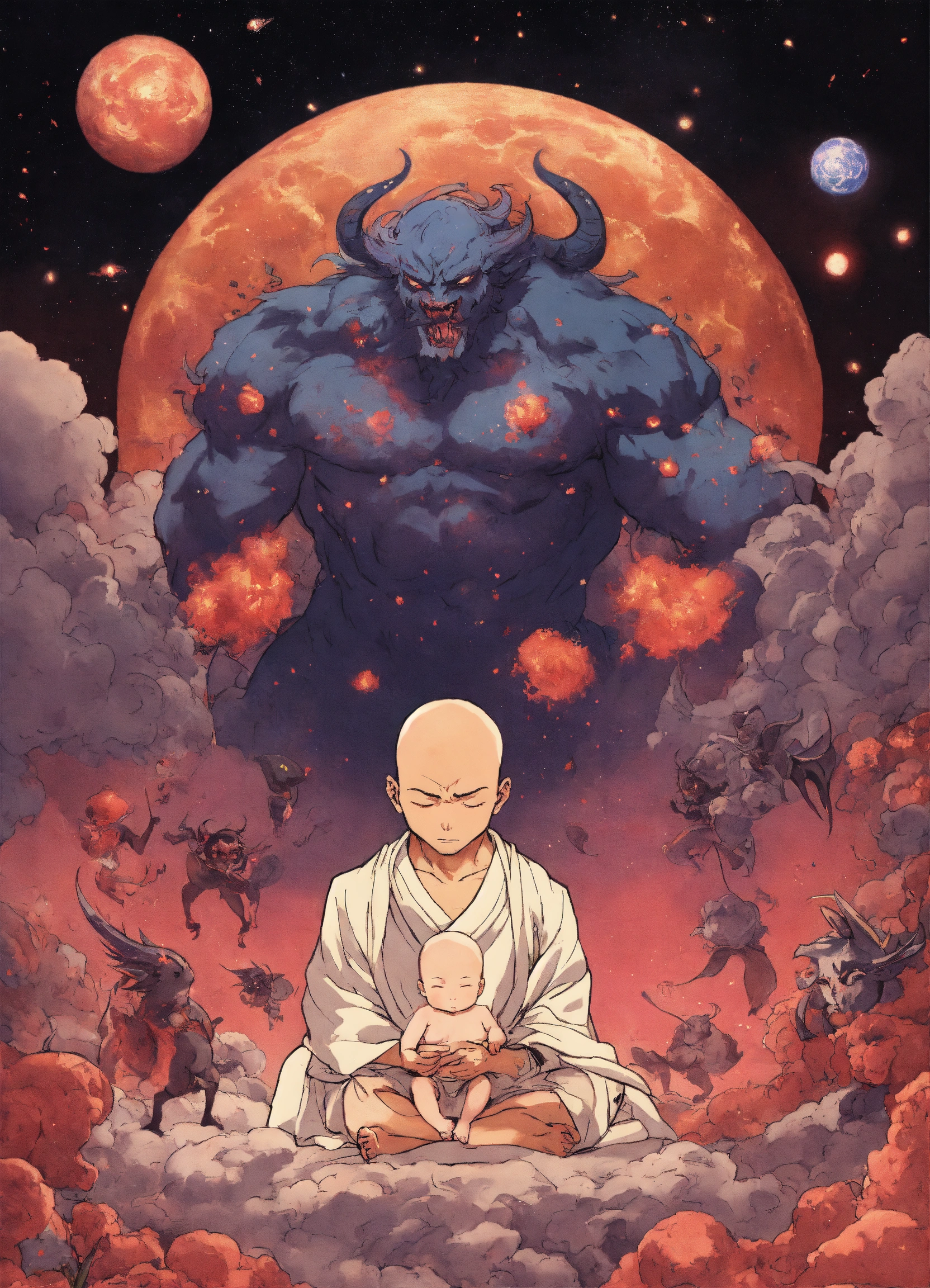 Lexica - Demons attacking, a meditating men bald Latino, with a baby ...