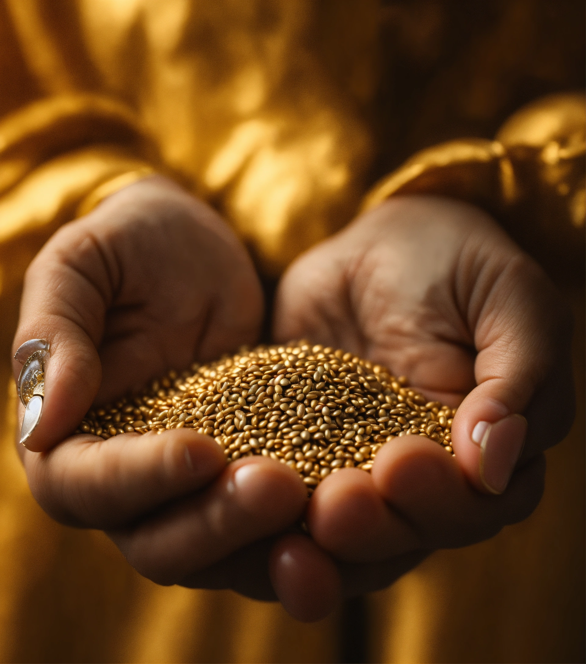 Lexica - A realistic photo of a single golden seed being holded by two ...