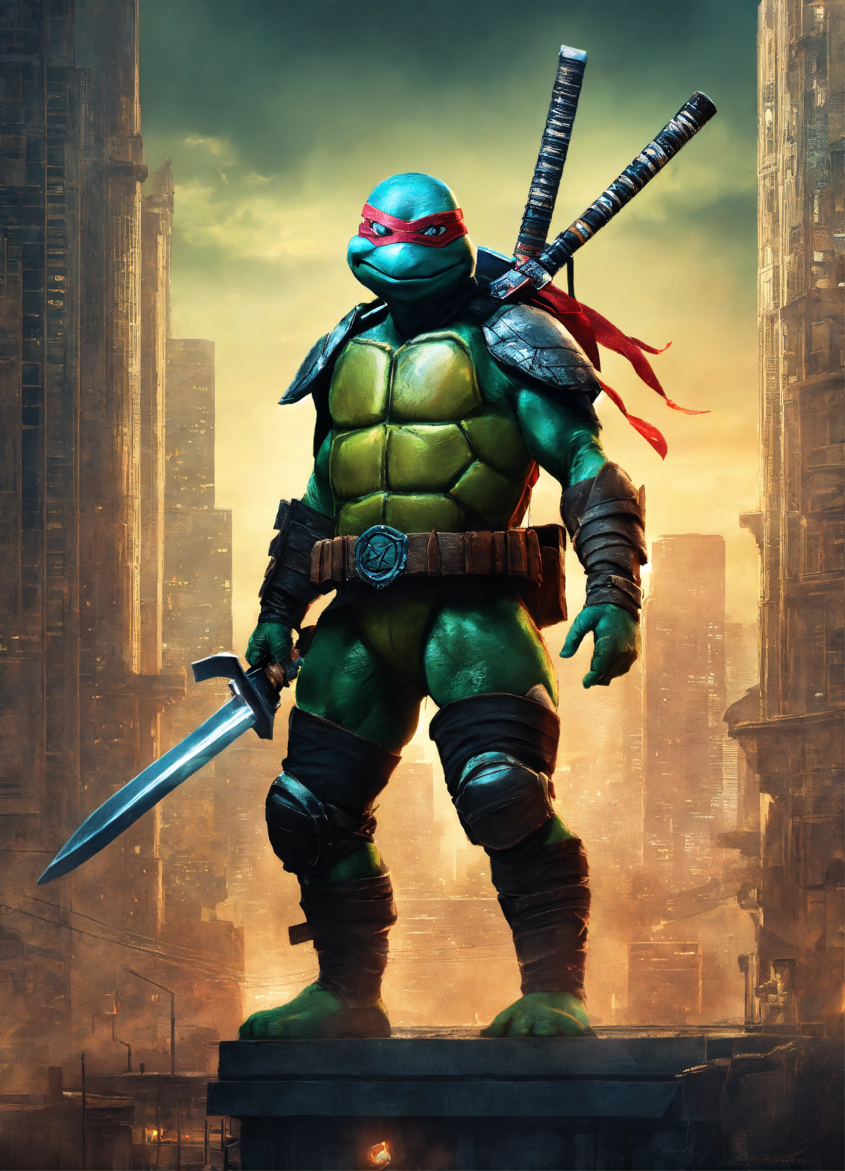 Lexica - A dreamlike ninja turtle with a shuriken in a dystopian metropolis