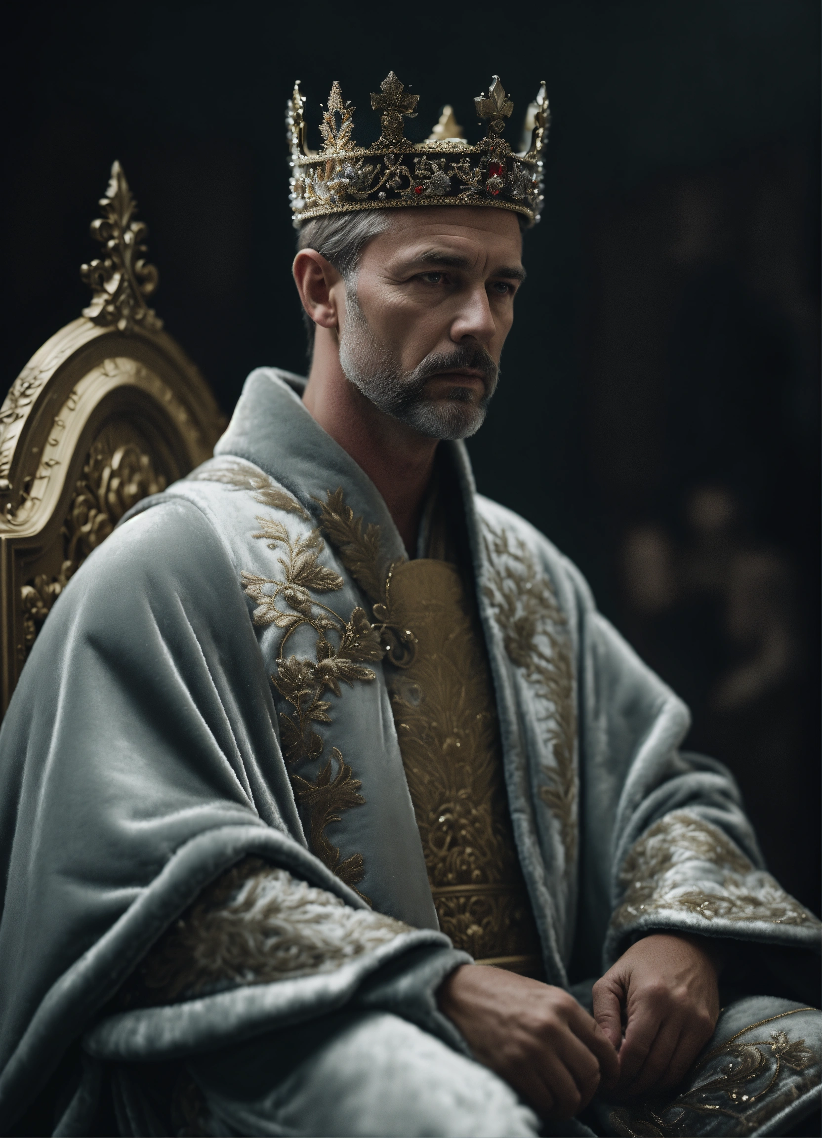 Lexica - White middle-aged king, man, realistic, simple grey velvet ...