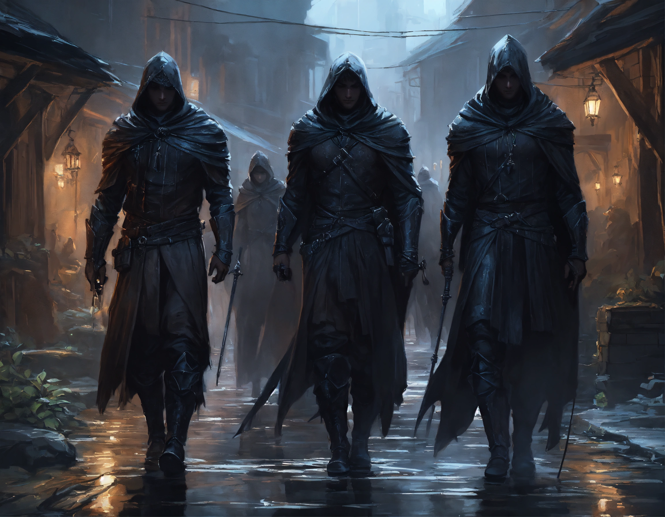 Lexica - Dark fantasy Painting, group of aligned male hangmans in black ...