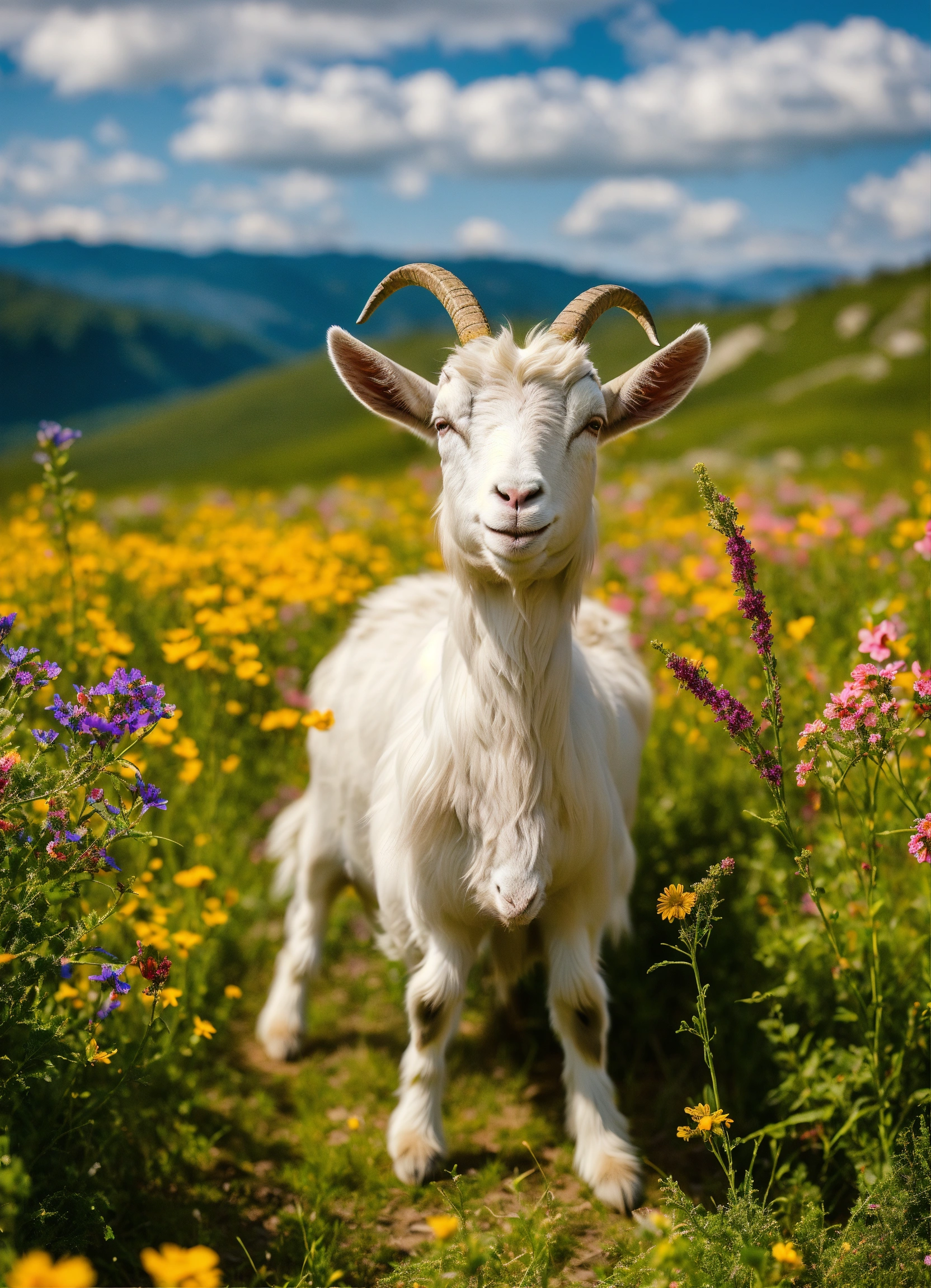 Lexica - A huggable fluffy plush goat, sitting in a meadow, surrounded ...
