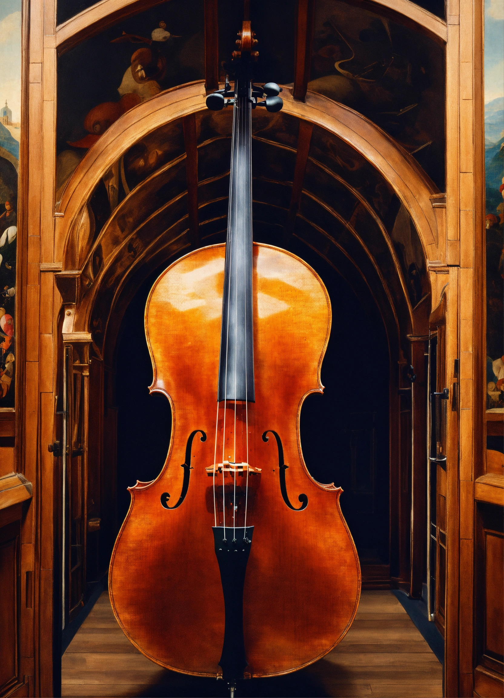 Lexica - A photorealistic closeup POV view of inside a cello, imagine ...