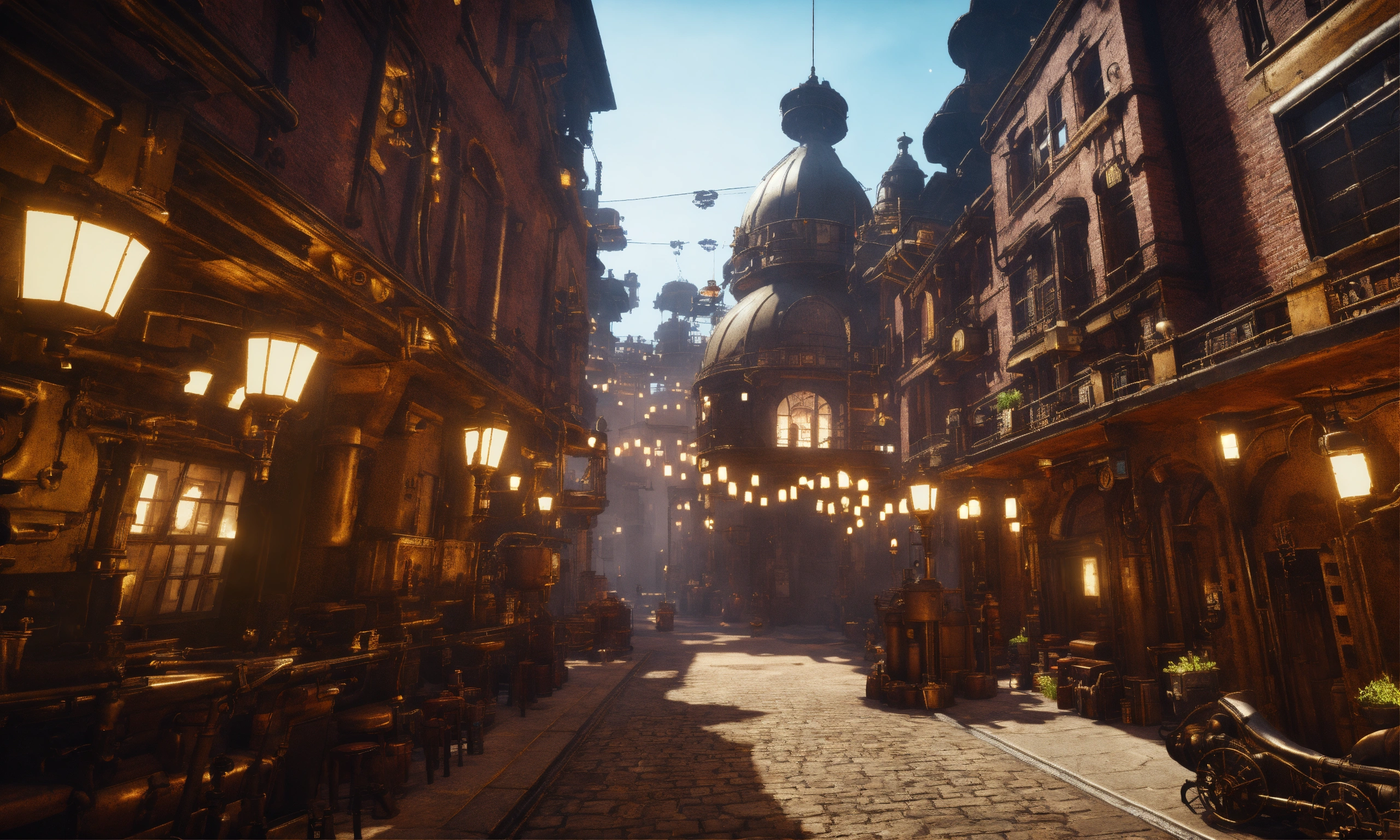 Lexica - Full overhead image of a steampunk city, unreal engine, 8k
