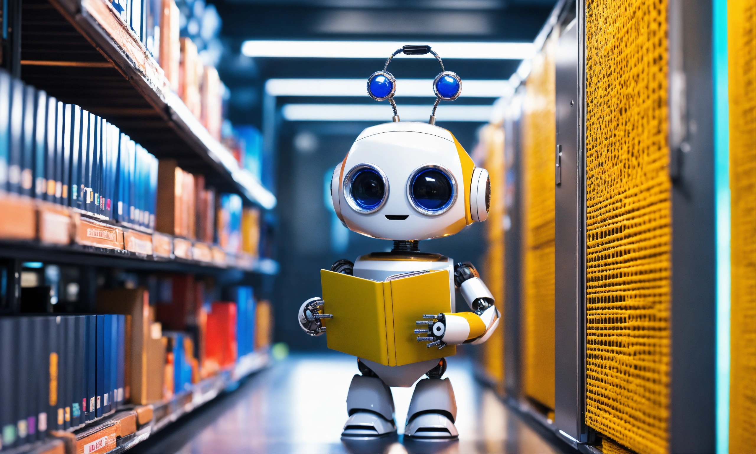 Lexica - Cute robot creature holding profile folder, looking to a ...