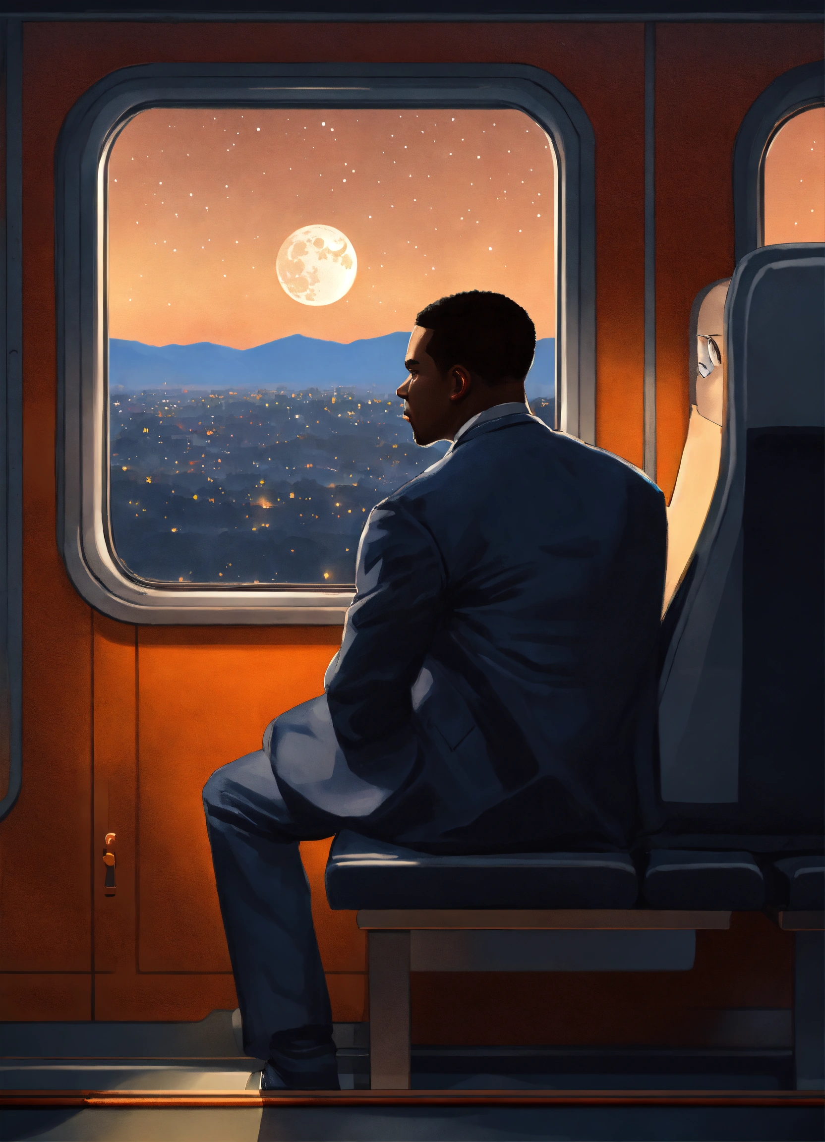 Lexica - Realistic style. On a train we see from behind a black man ...