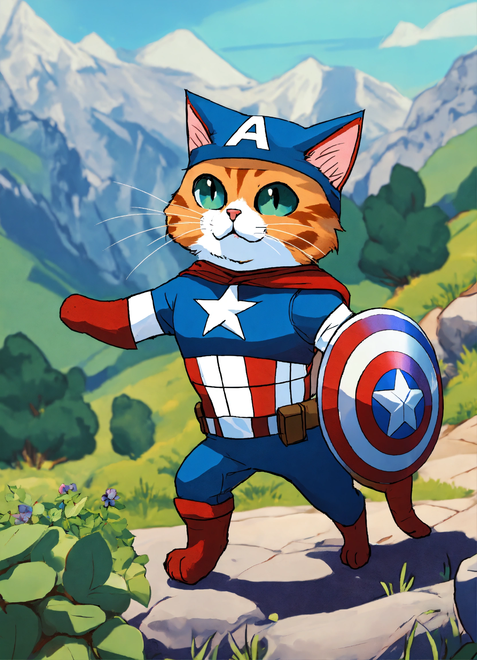 Lexica - A cat wearing a Captain America suit in the mountains fighting ...