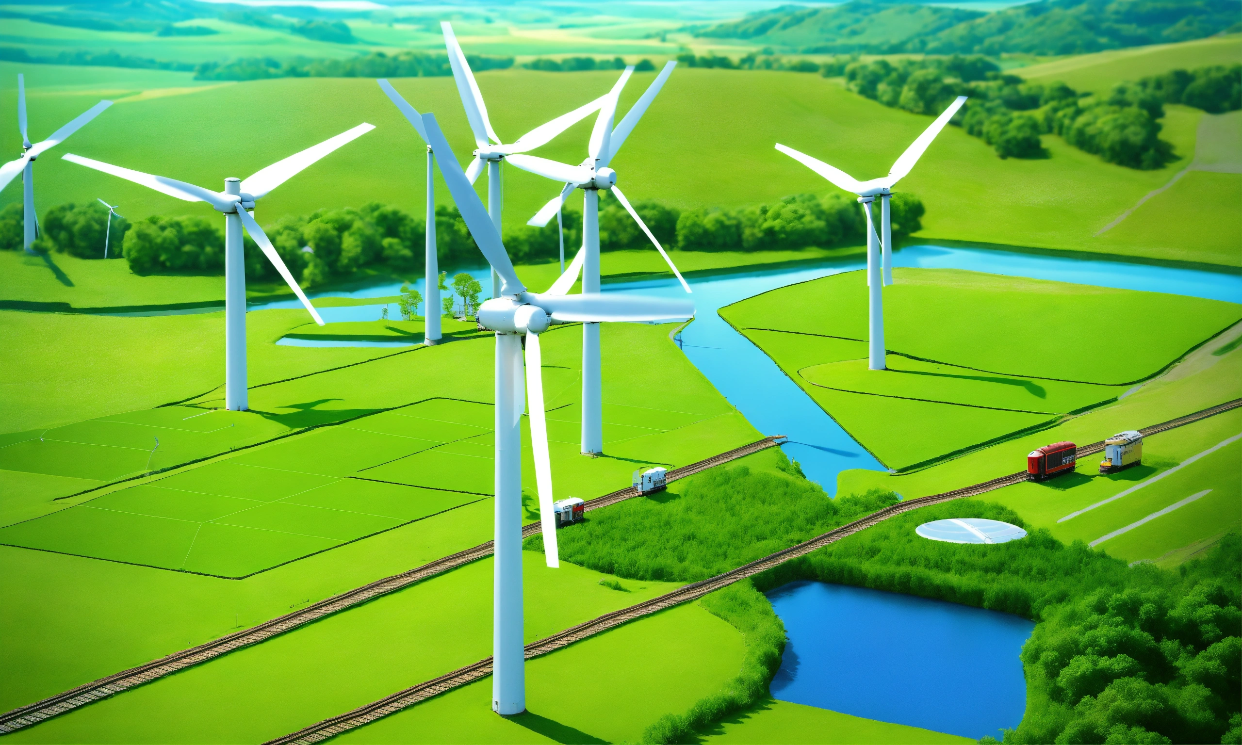 Lexica - Landscape with green landscape, blue sky, some wind turbine ...