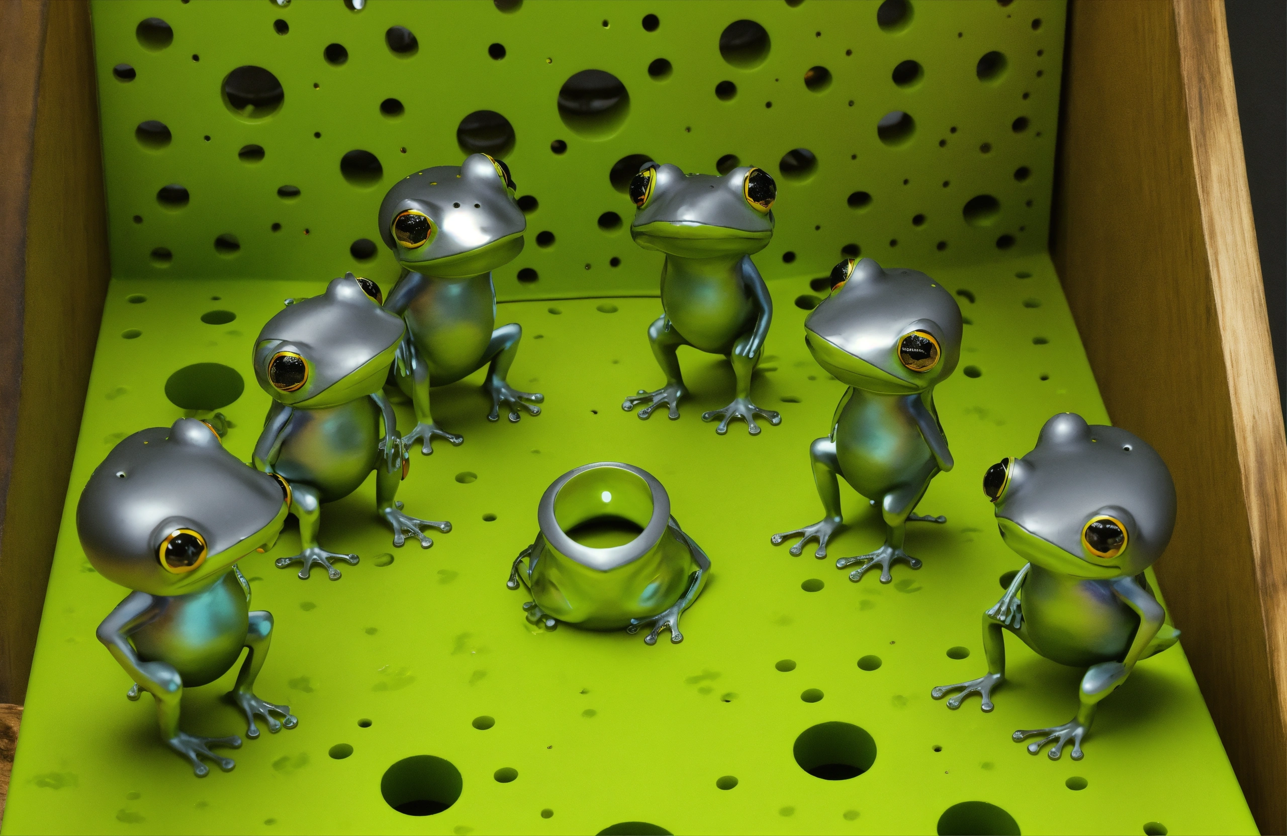 Lexica - Board with holes, in the center 2 metal frogs., 8k, ultradetailed