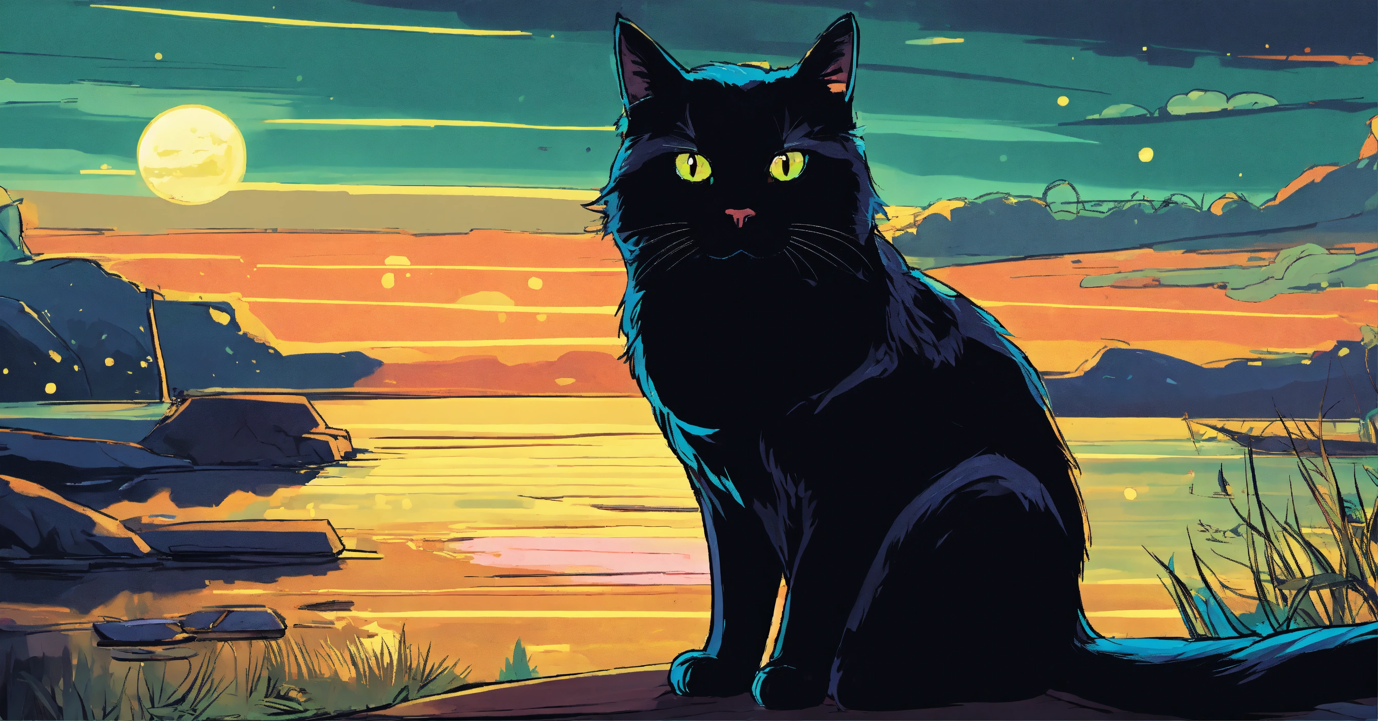 Lexica - Black cute cat, comic style , on Südpol , polar lights