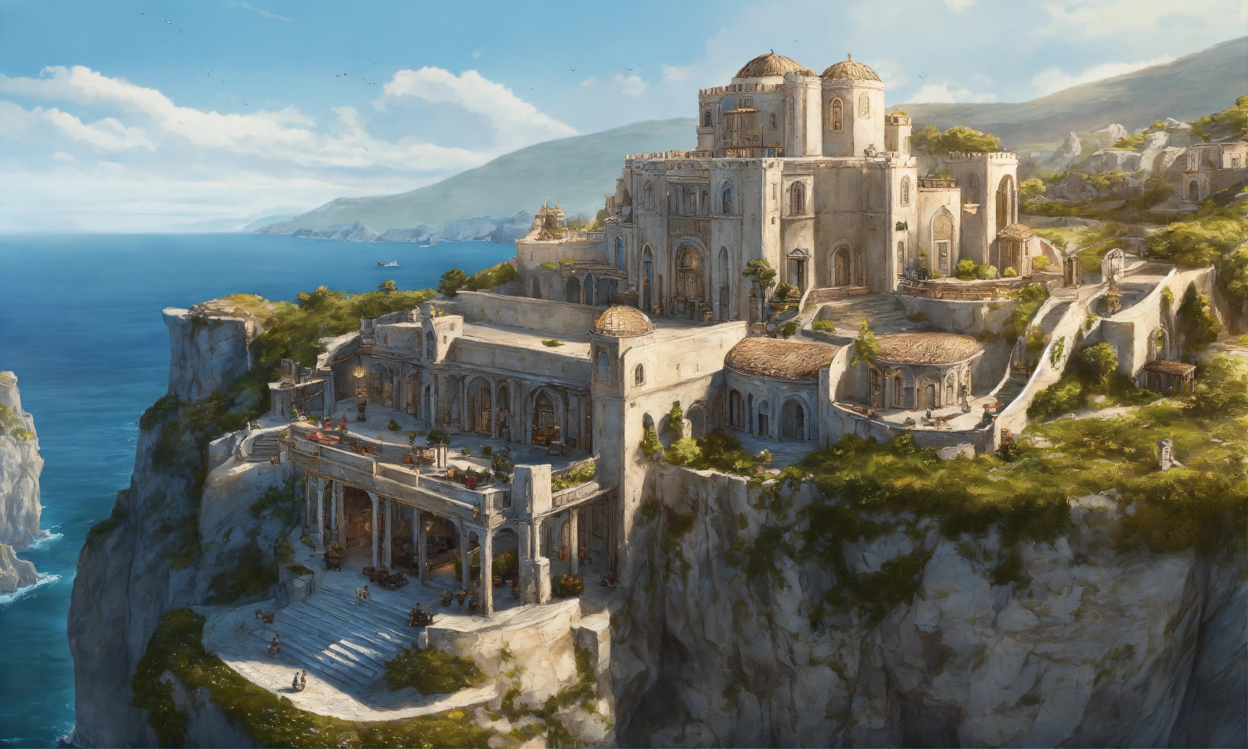 Lexica - Drawing of a fully shown elegant high elf sci fi castle on a ...