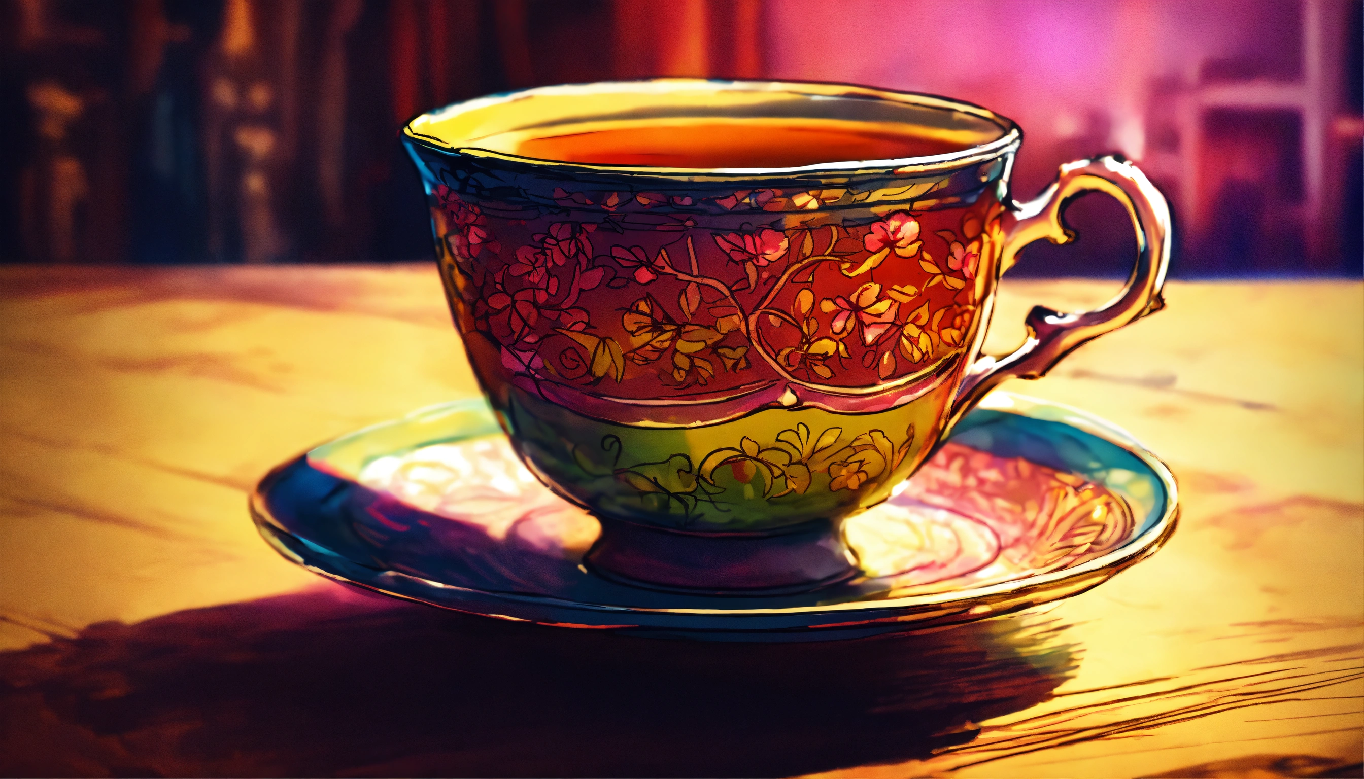 Lexica - Sketch style of a fancy tea cup on a plain table, dramatic ...