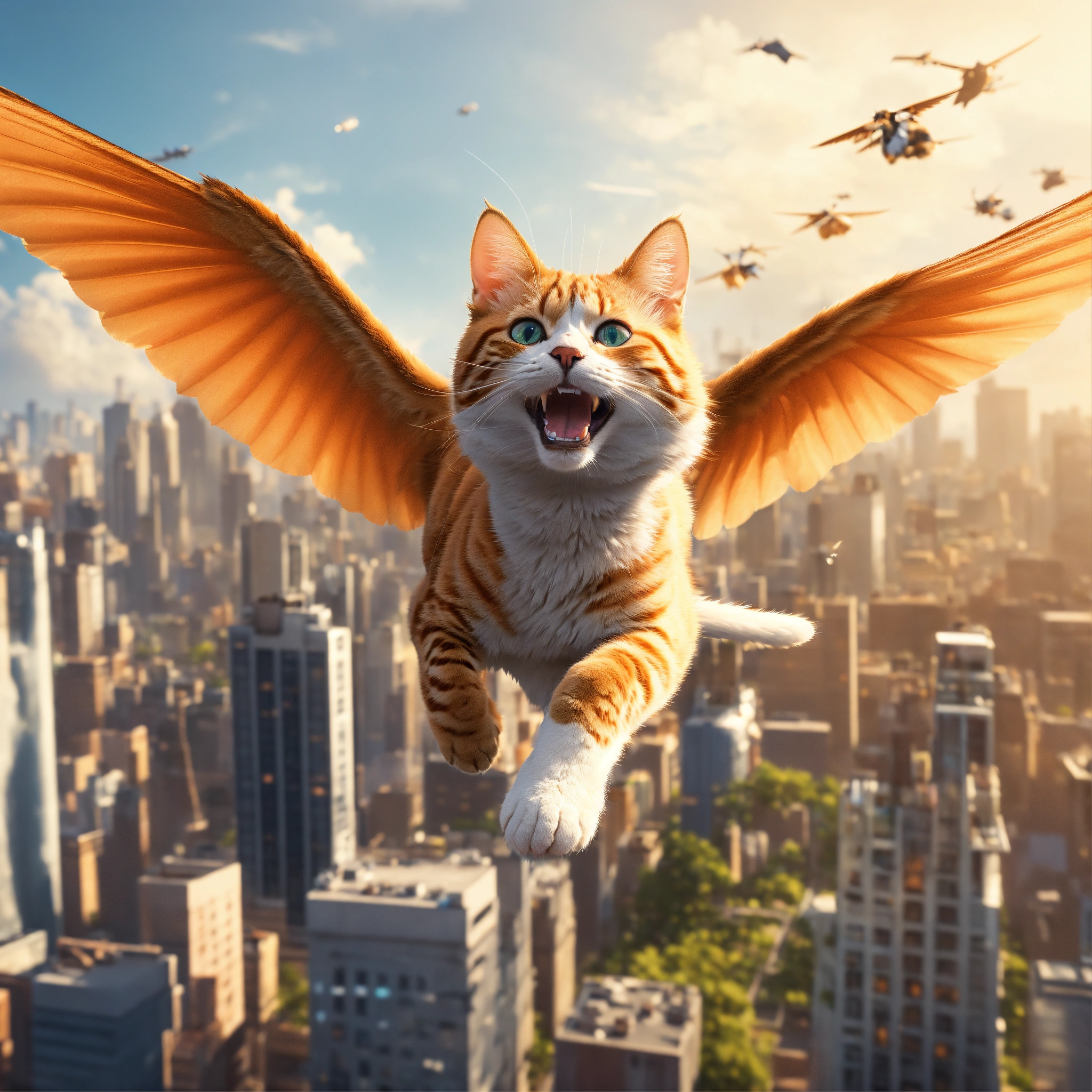 Lexica - Medium close-up, Smiling cats flying over the city, highly ...