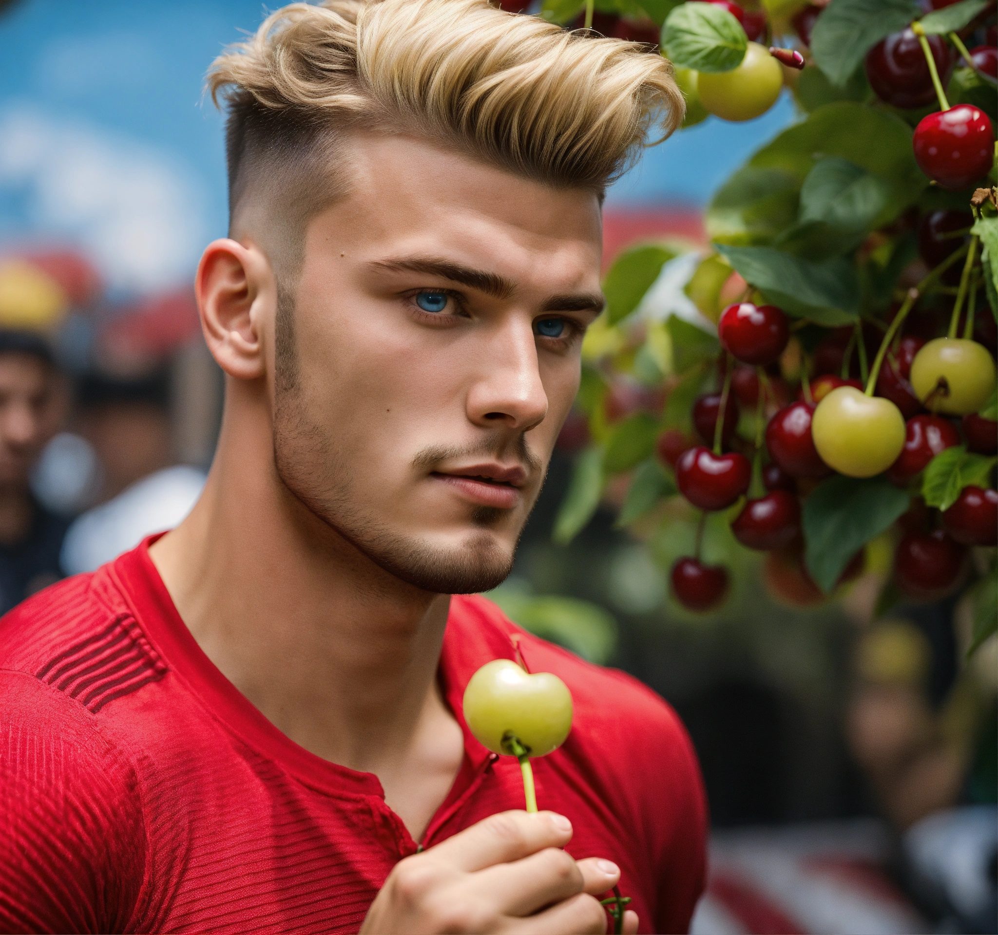 Lexica - A young muscled Italian sportsman, blue eyes, blonde Pompadour ...