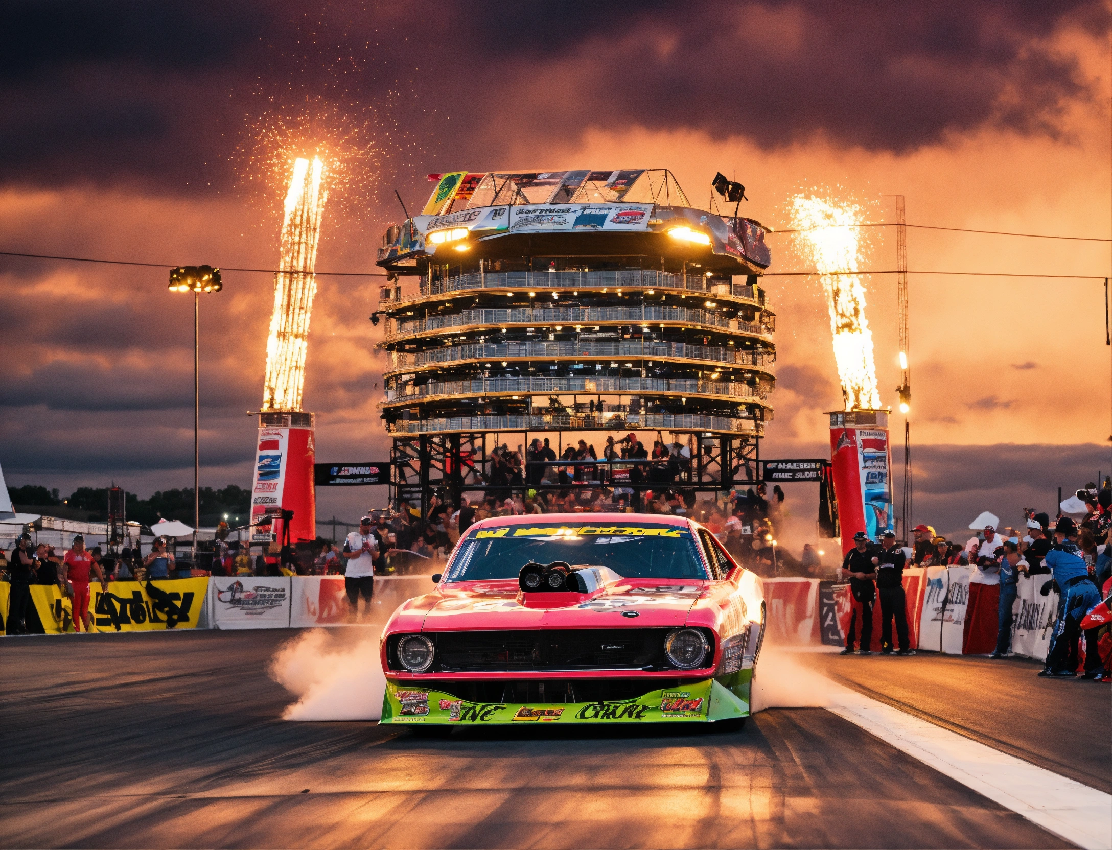 Lexica - Drag race car, dragstrip with start lights, race tower in the ...