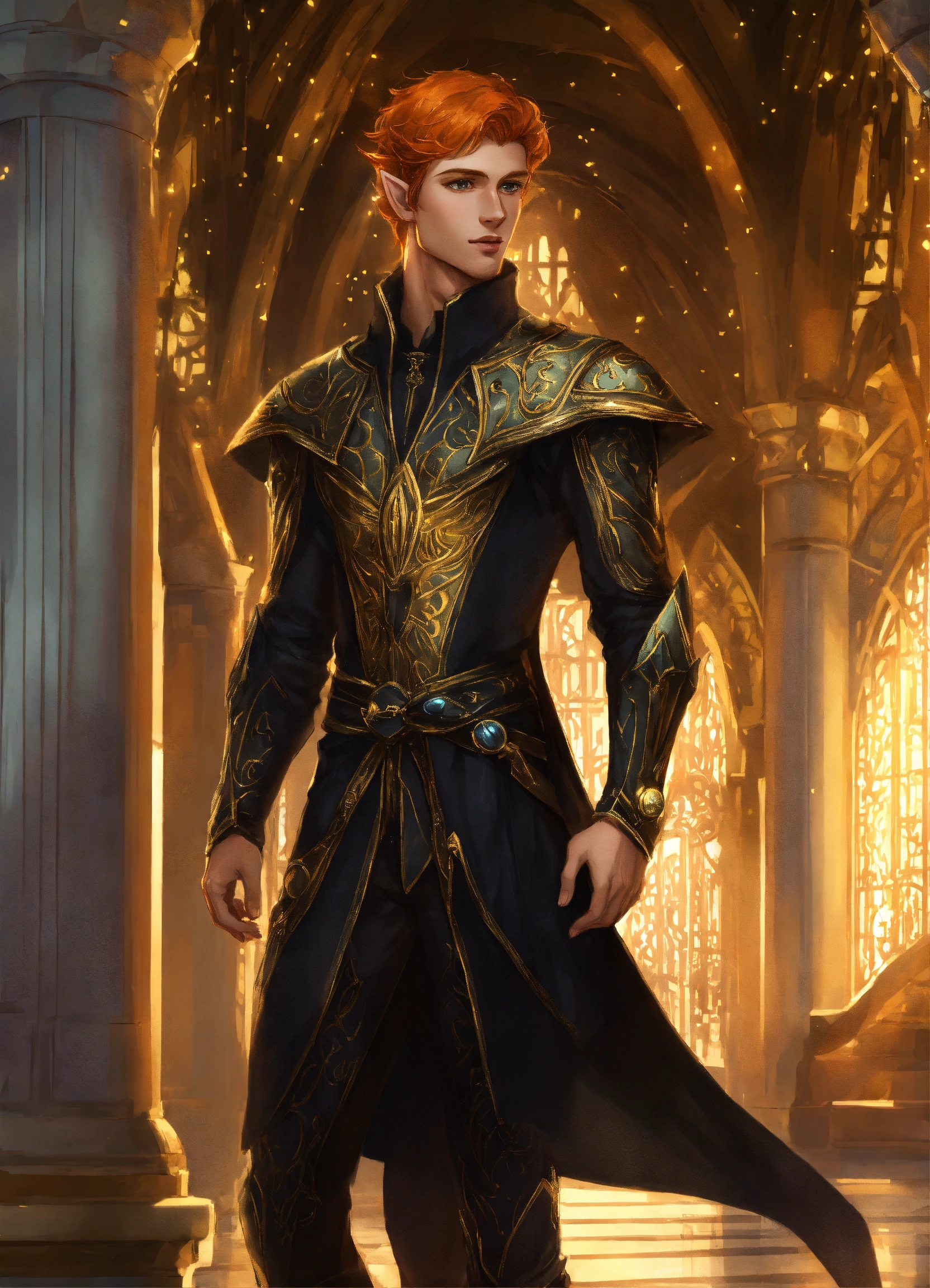 Lexica - Drawing of an elf, royalty, sci fi, cybernetic, black and gold outfit, ginger hair ...