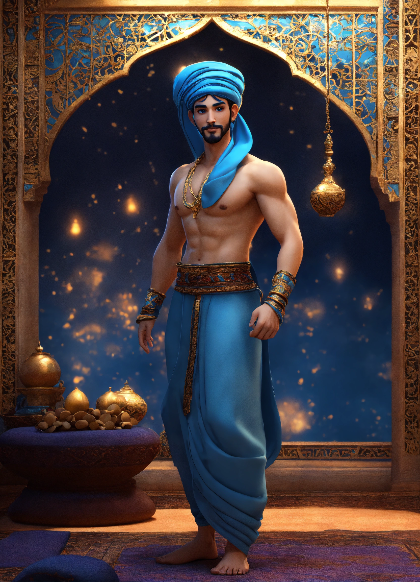 Lexica - Create a 3D rendering of a magical Arabian male genie with ...