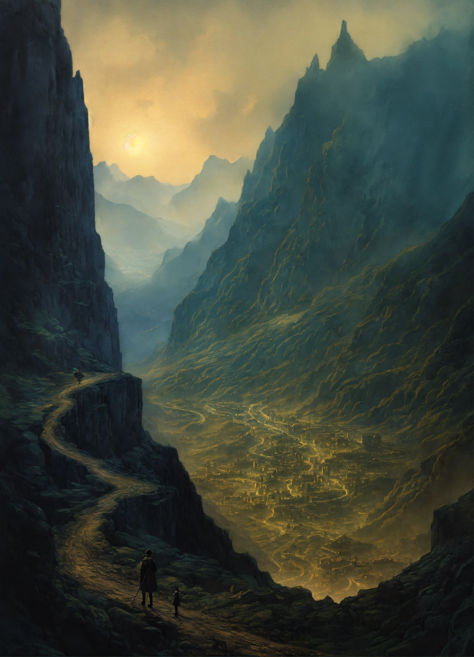 Lexica - 1920's dark fantasy book cover paper art of a dark valley ...