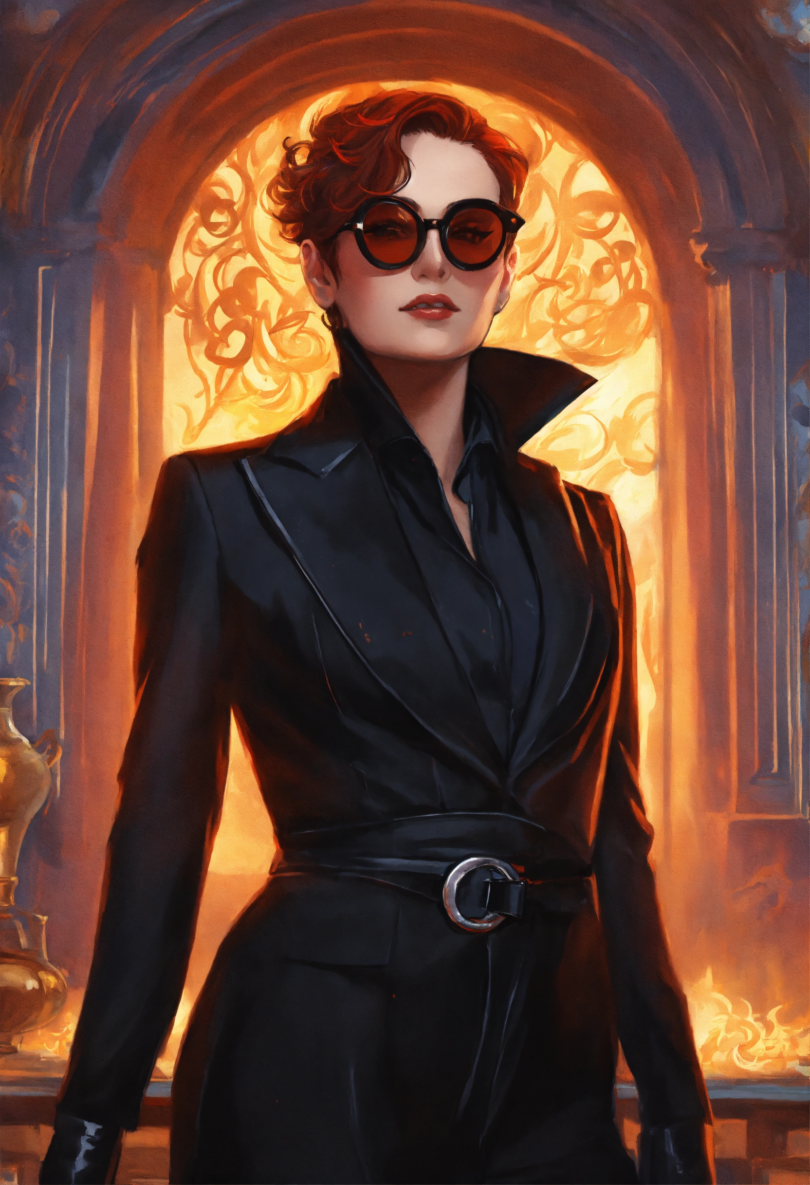 Lexica - Good omens as woman, female Crowley wearing black clothes suit