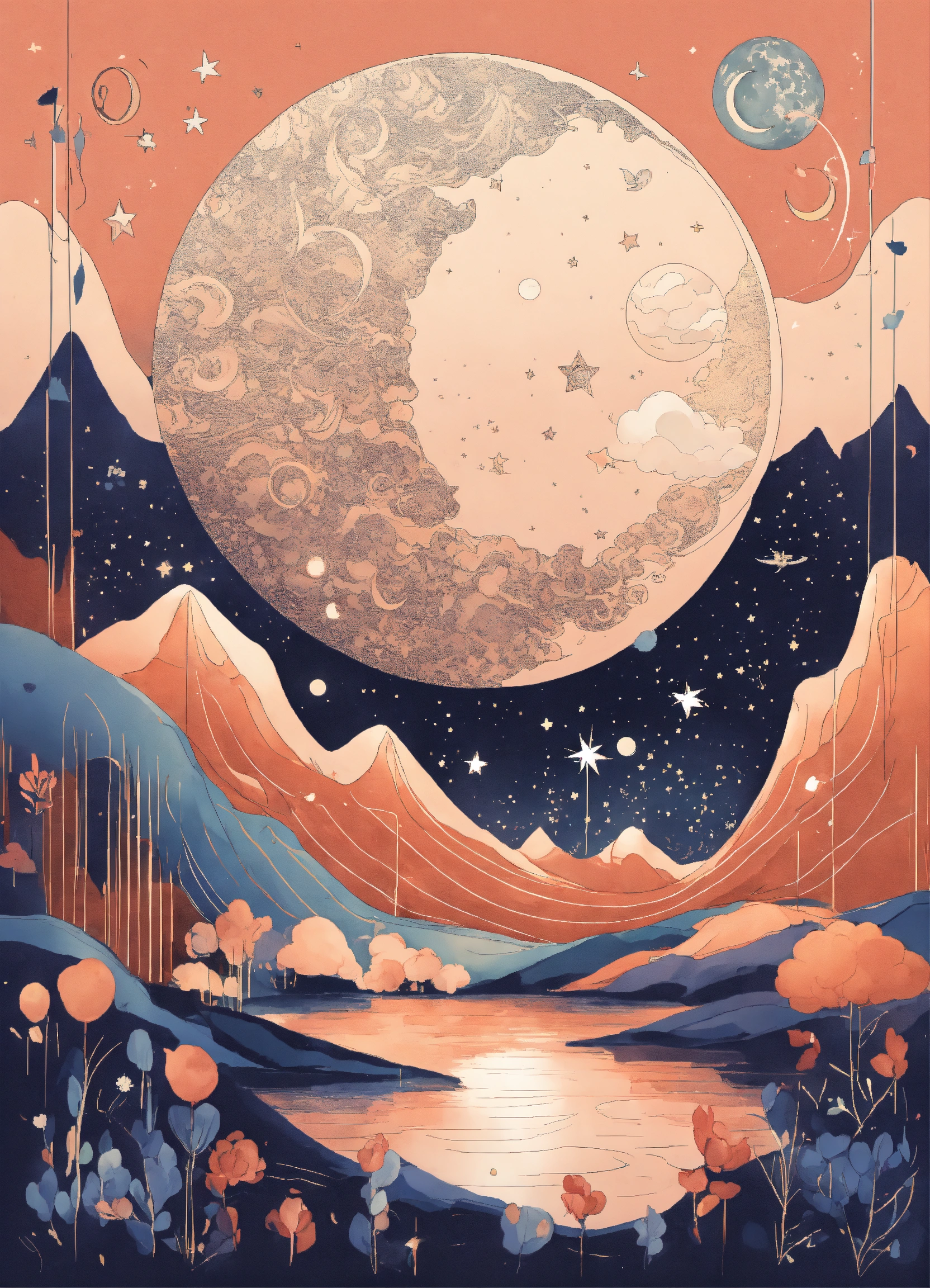 Lexica - Simple line art of whimsical moon with glimmering ...