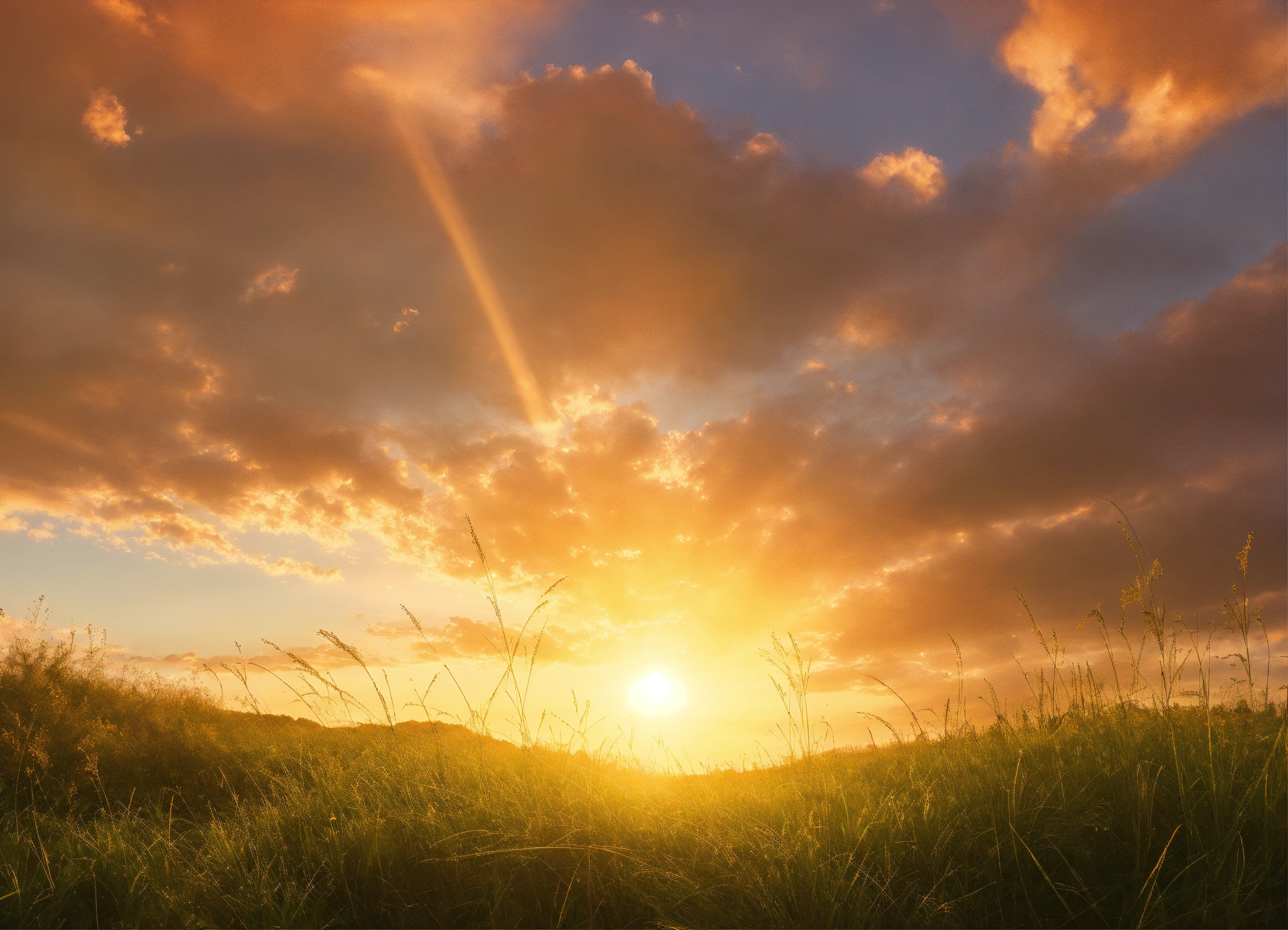 Lexica - View from the ground of a grassy landscape at sunset, light ...