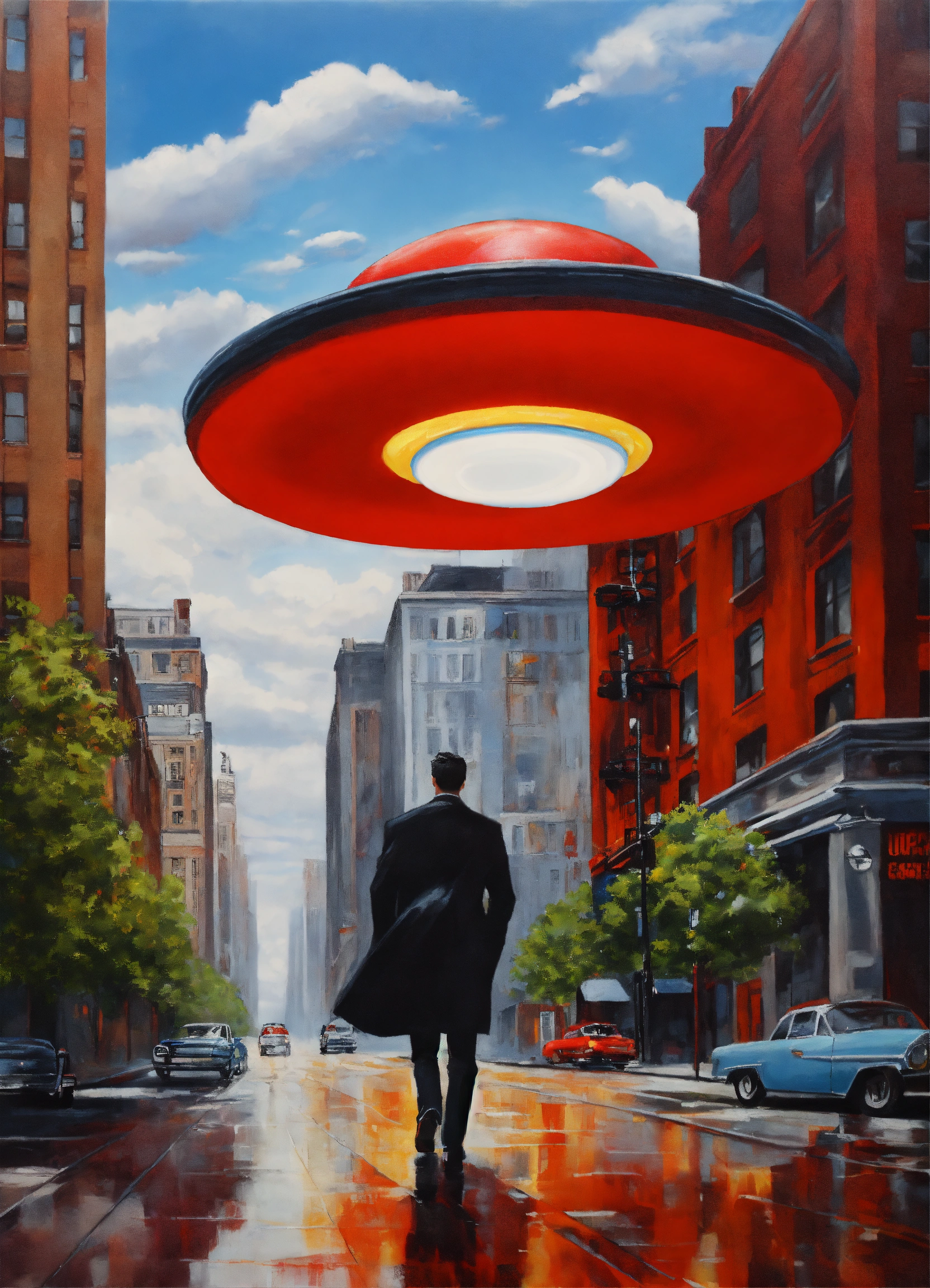 Lexica - Superrealist style, urban style, men in black, cloudy day, flying saucer in the sky ...