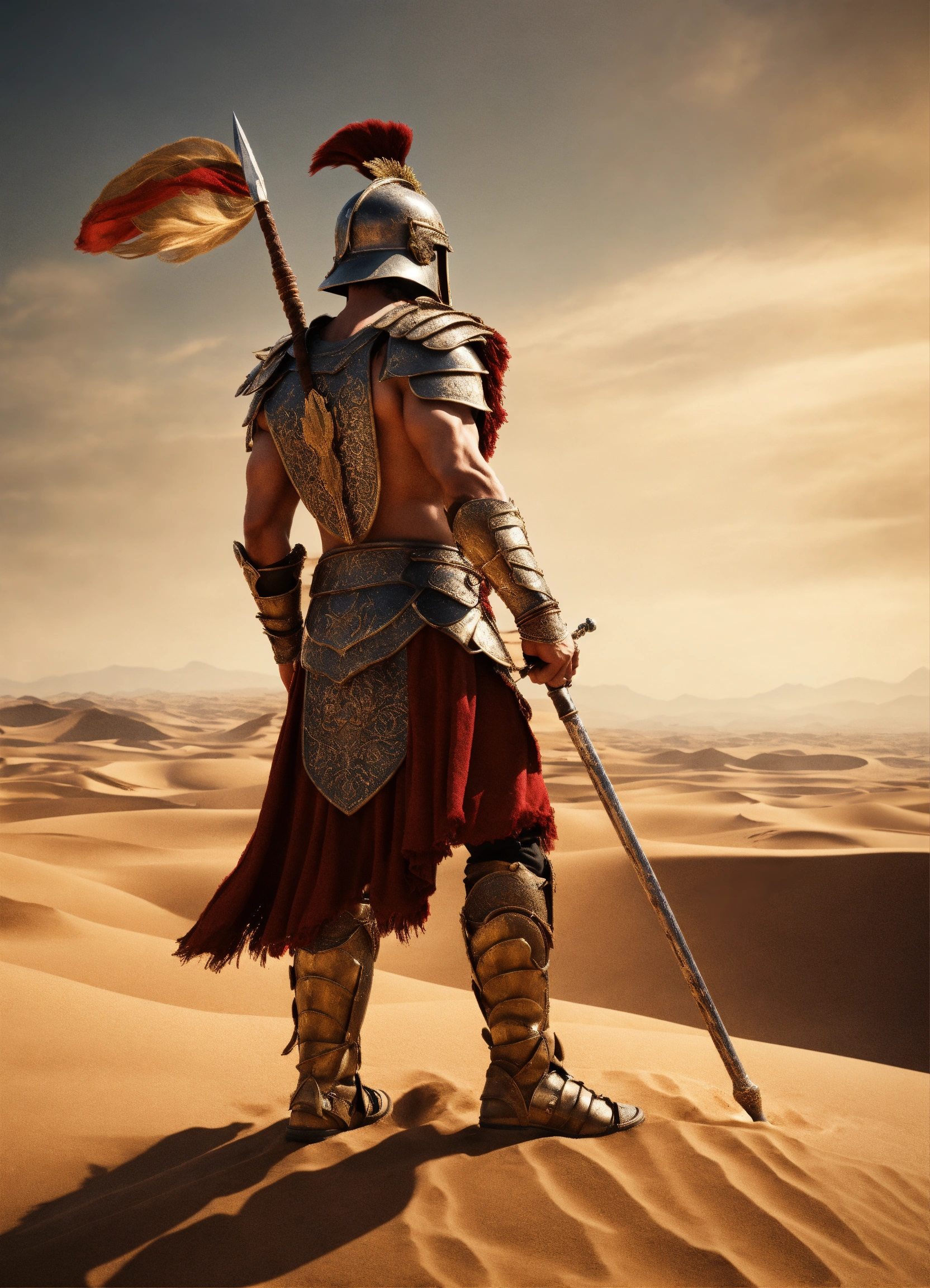 Lexica - A realistic desert with a gladiator full body staff in his ...