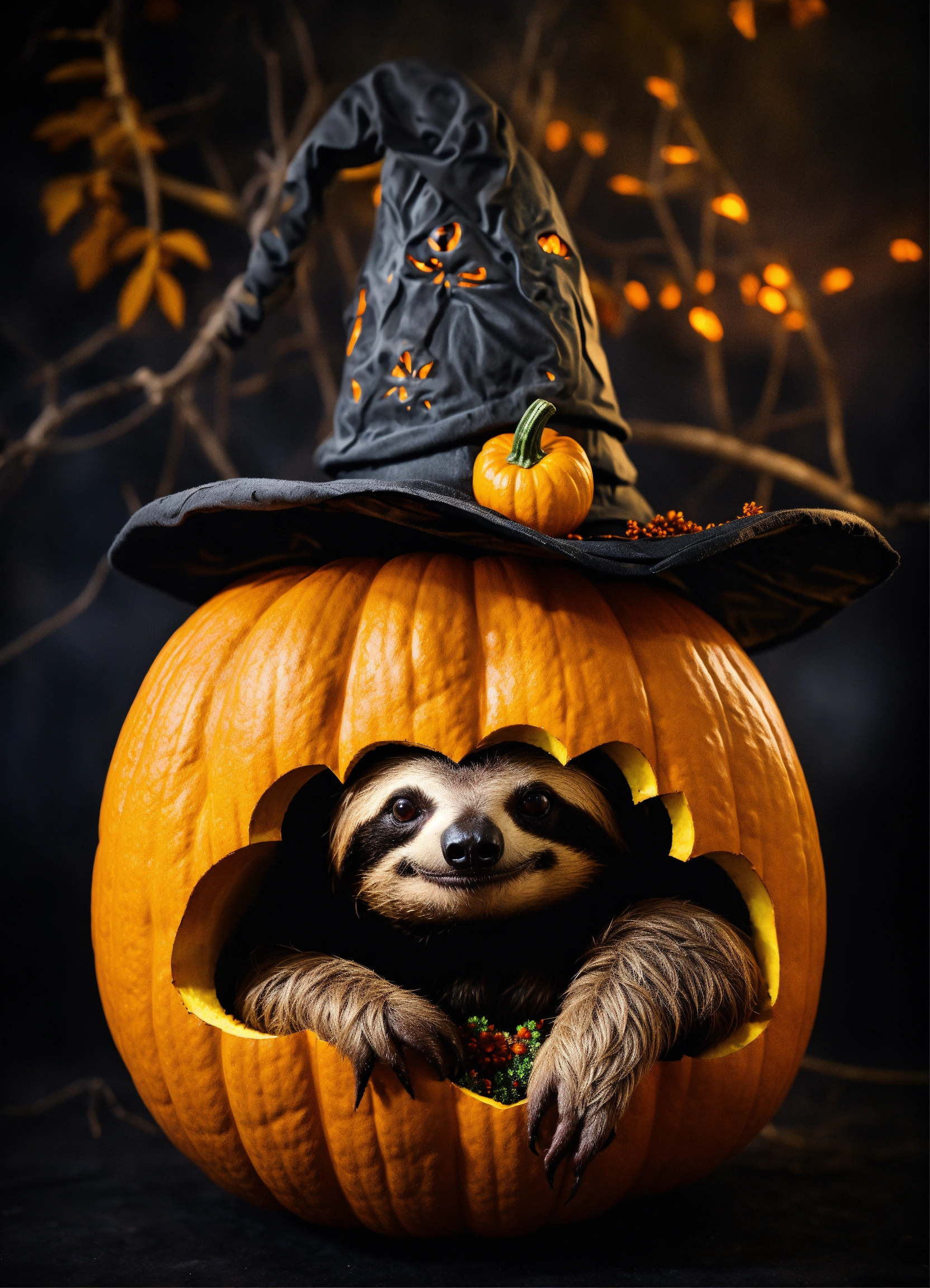 Lexica - Spooky sloth with orange eyes wearing a witches hat, carved ...