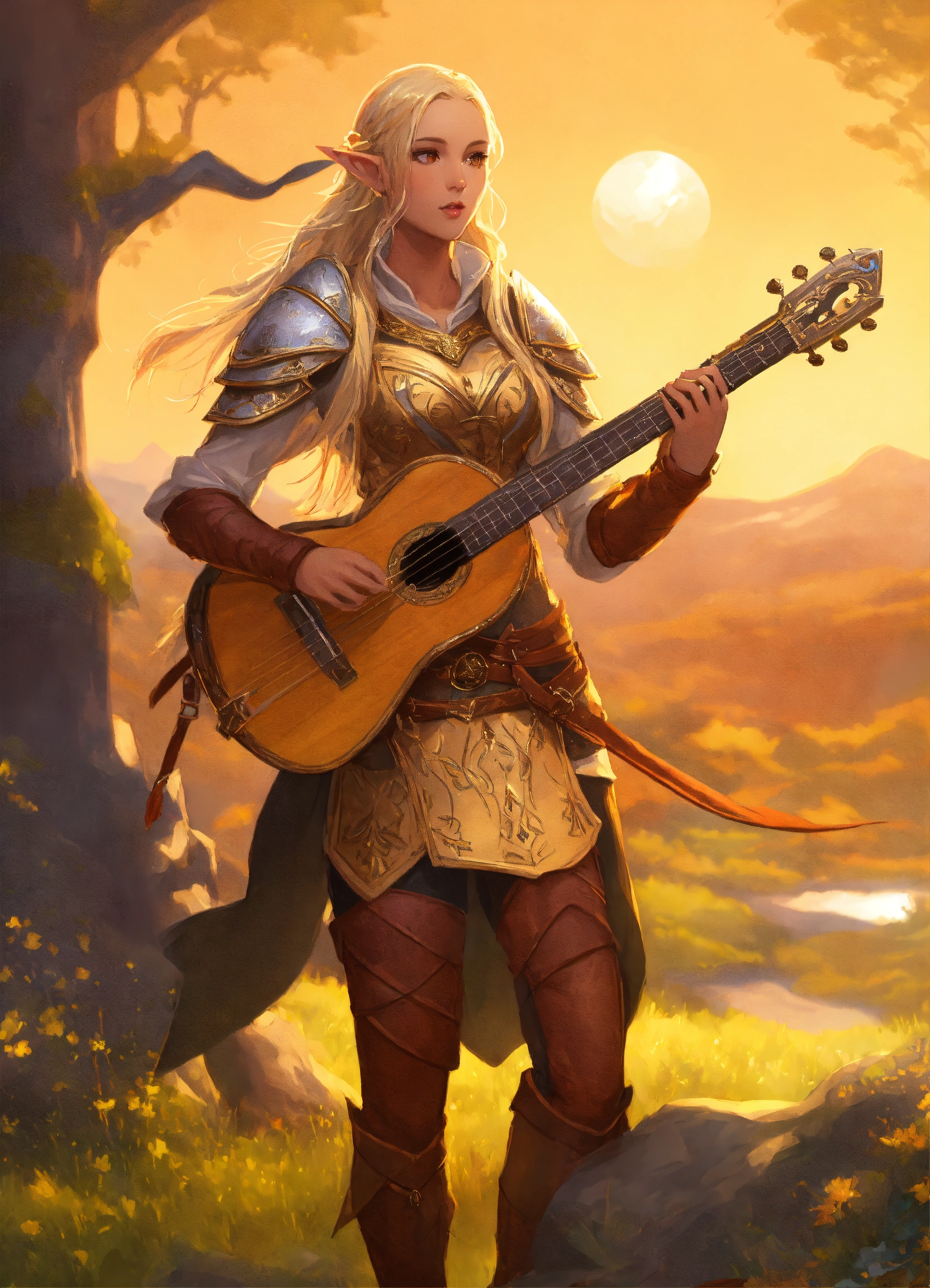 Lexica - Beautiful bard female elf, long pale hair, gold eyes, Copper penny skin, royal, leather ...