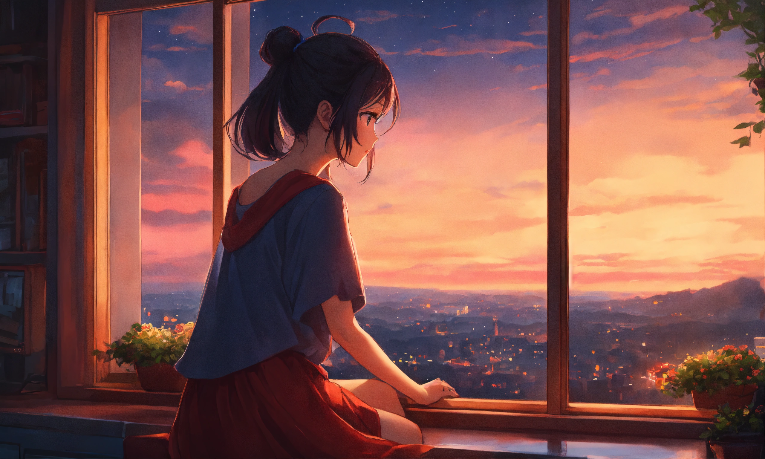 Lexica - A cute anime lofi girl looking out her window at home during ...