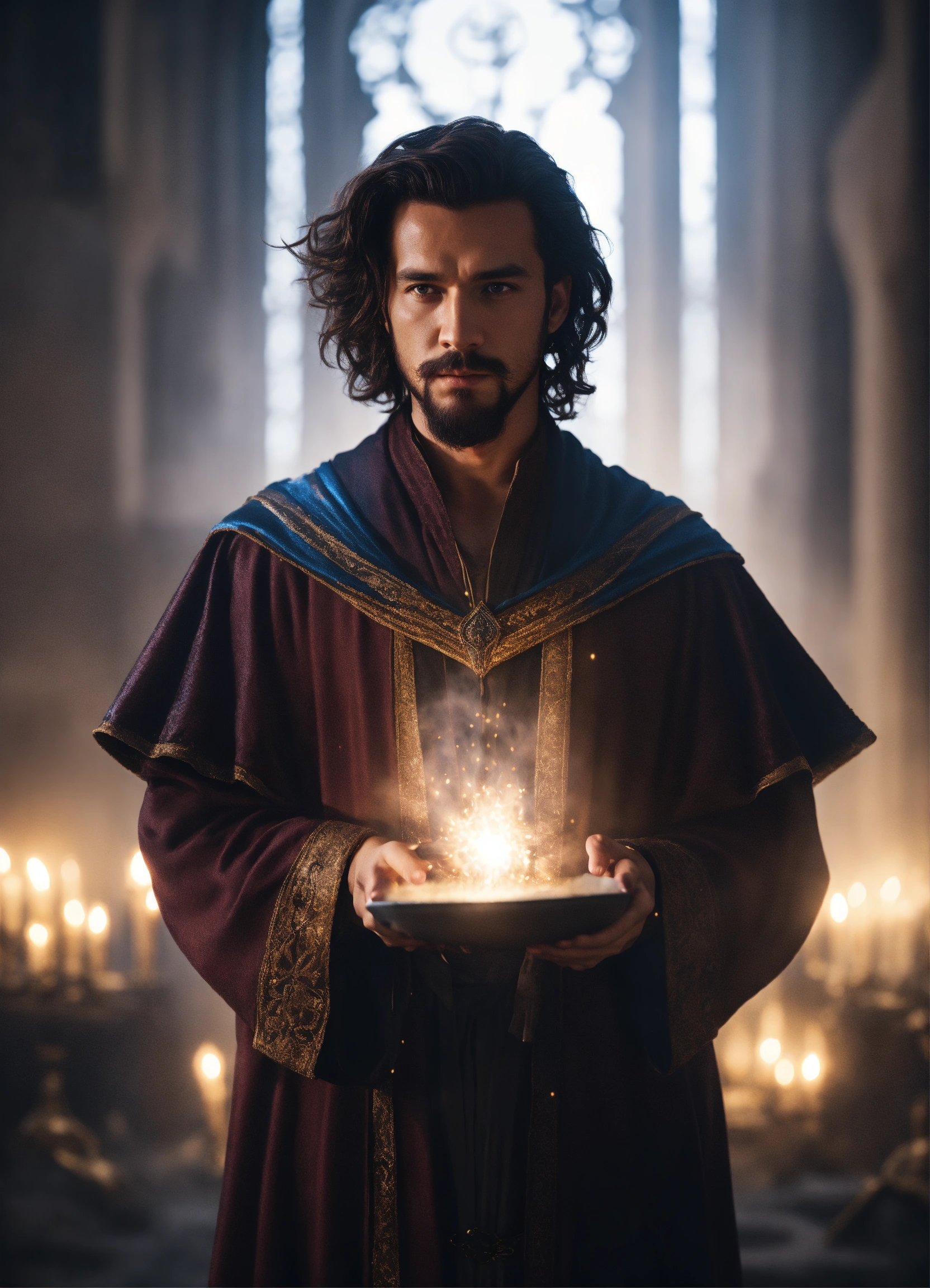 Lexica - Dark medium hair, french goatee, wizard robes, creating magic ...