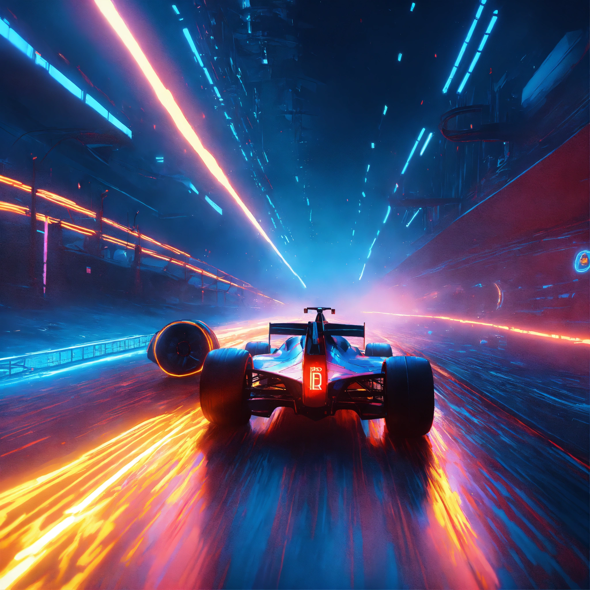 Lexica - Back view of a futuristic formula 1 traveling through neons at ...