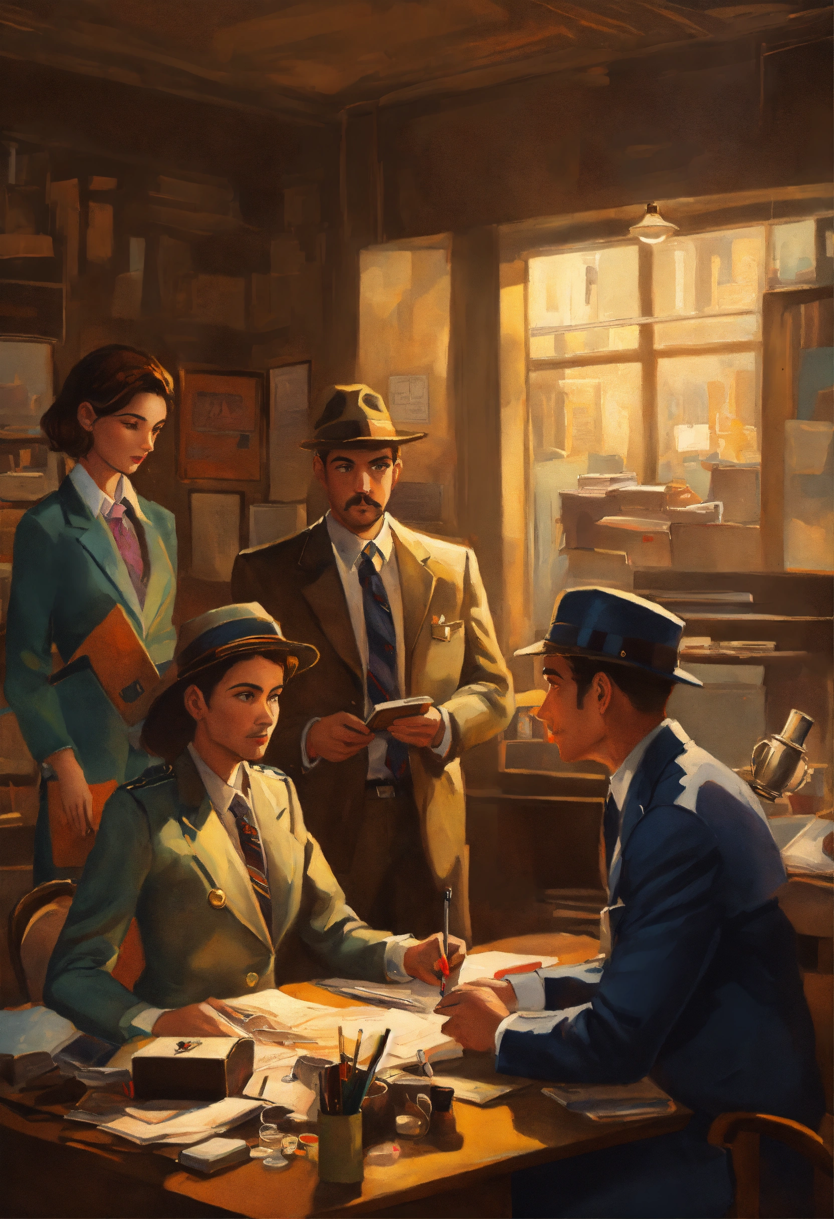 Lexica - A detective office, 3 women and two men working, cartoon oil ...