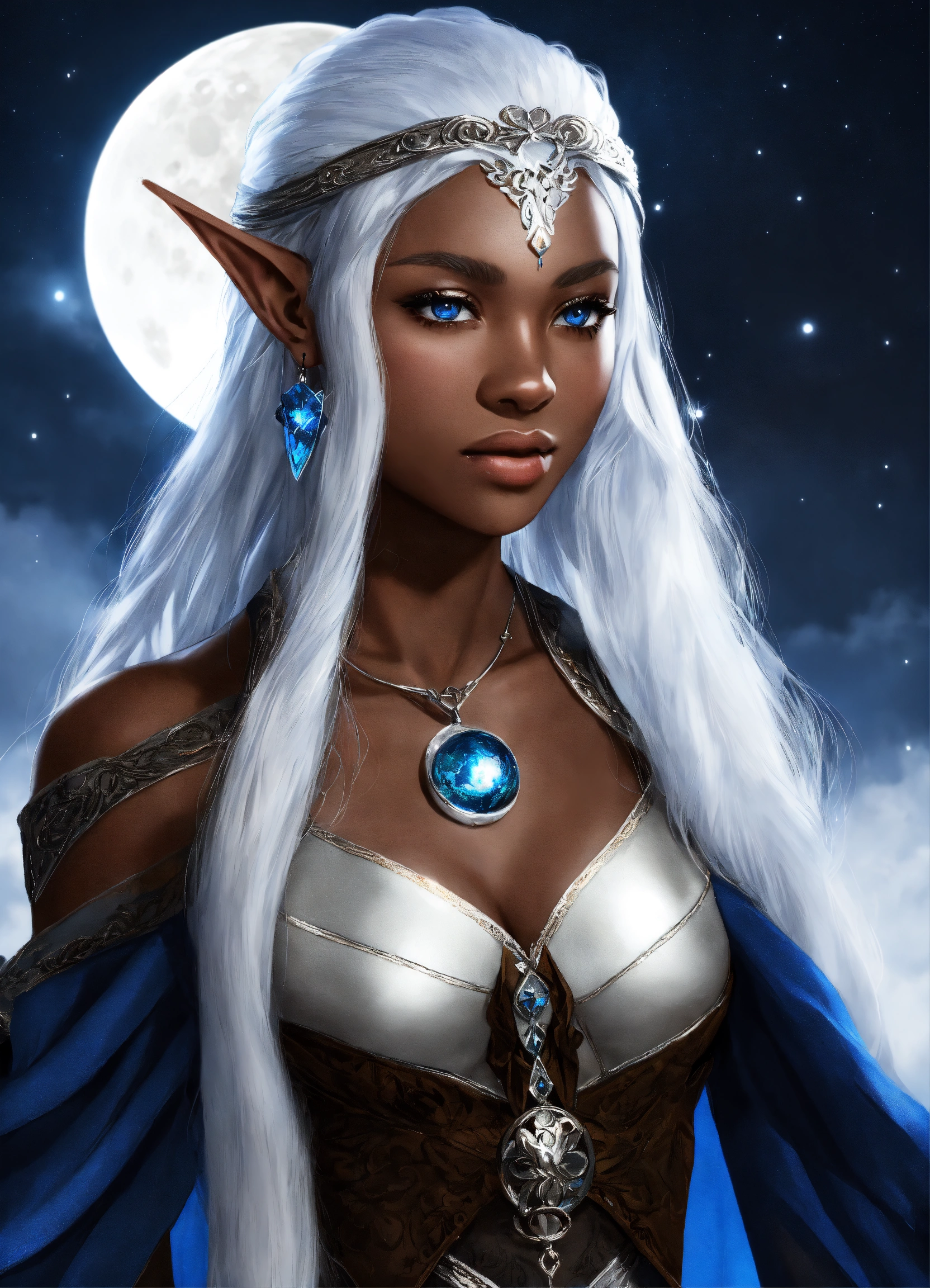 Lexica - A woman, moon, half elf, dark brown skin, silver white hair, blue eyes