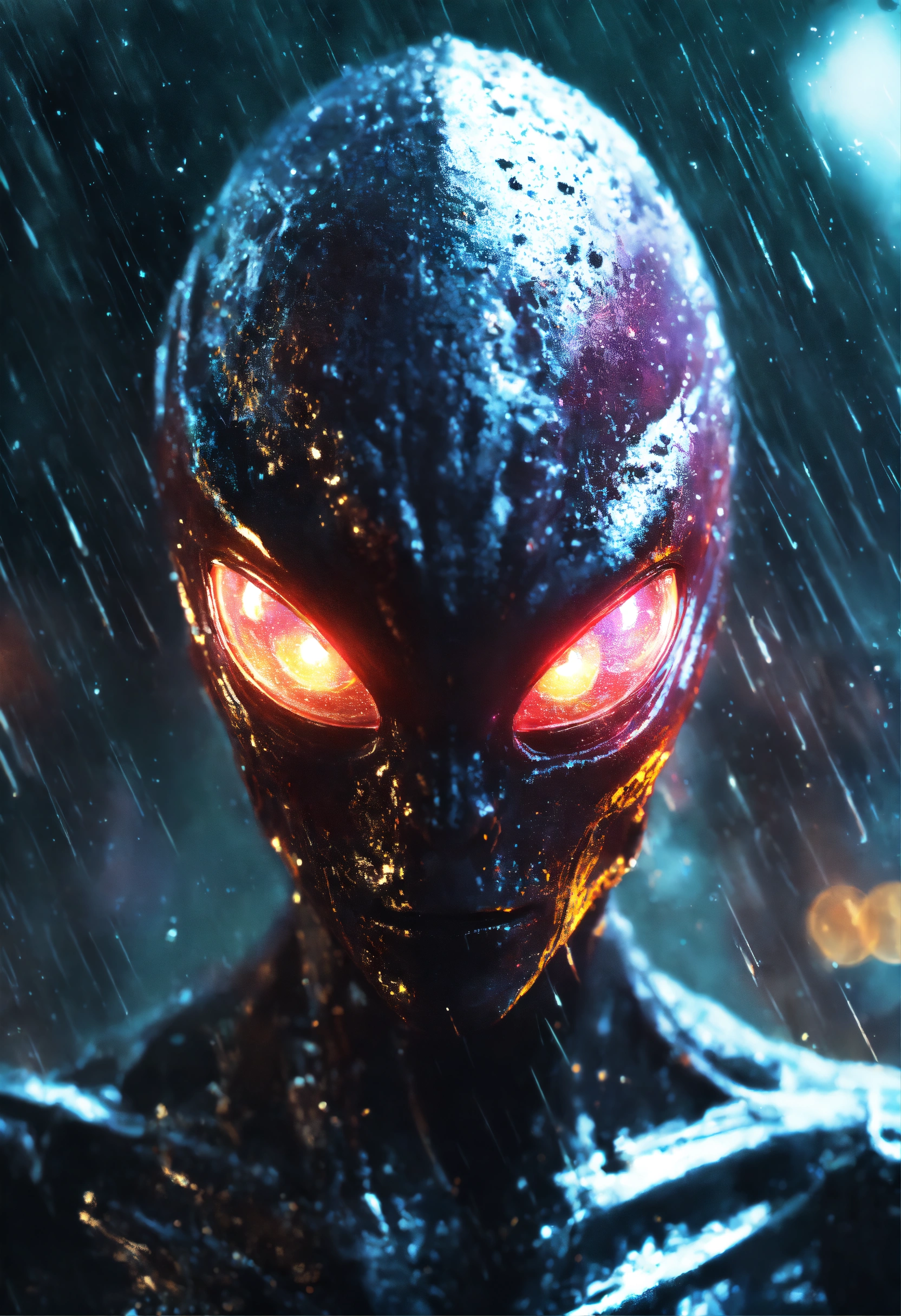 Lexica - An menacing alien with glowing eyes, in the pouring rain, in ...