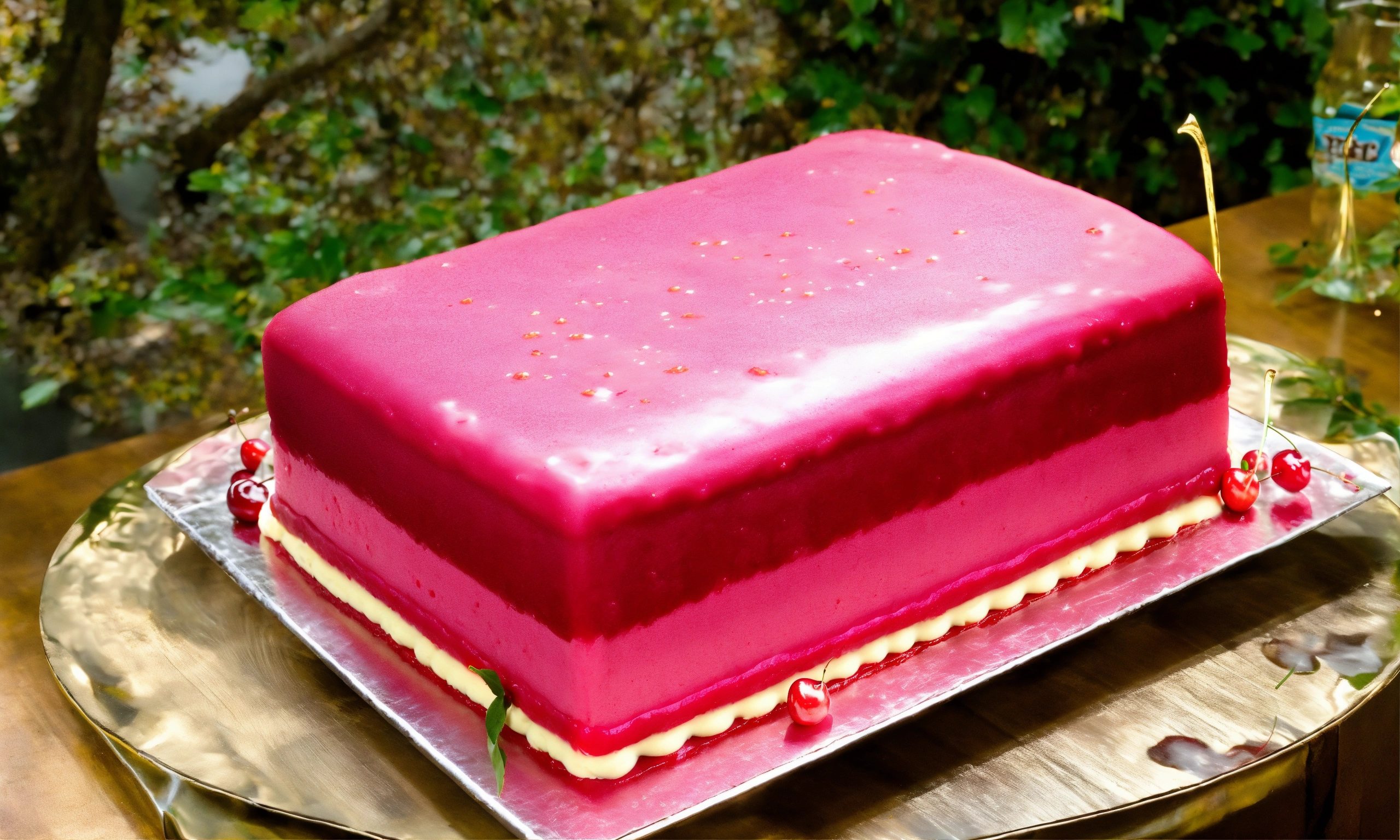 Lexica - A pink rectangle cake with cherries
