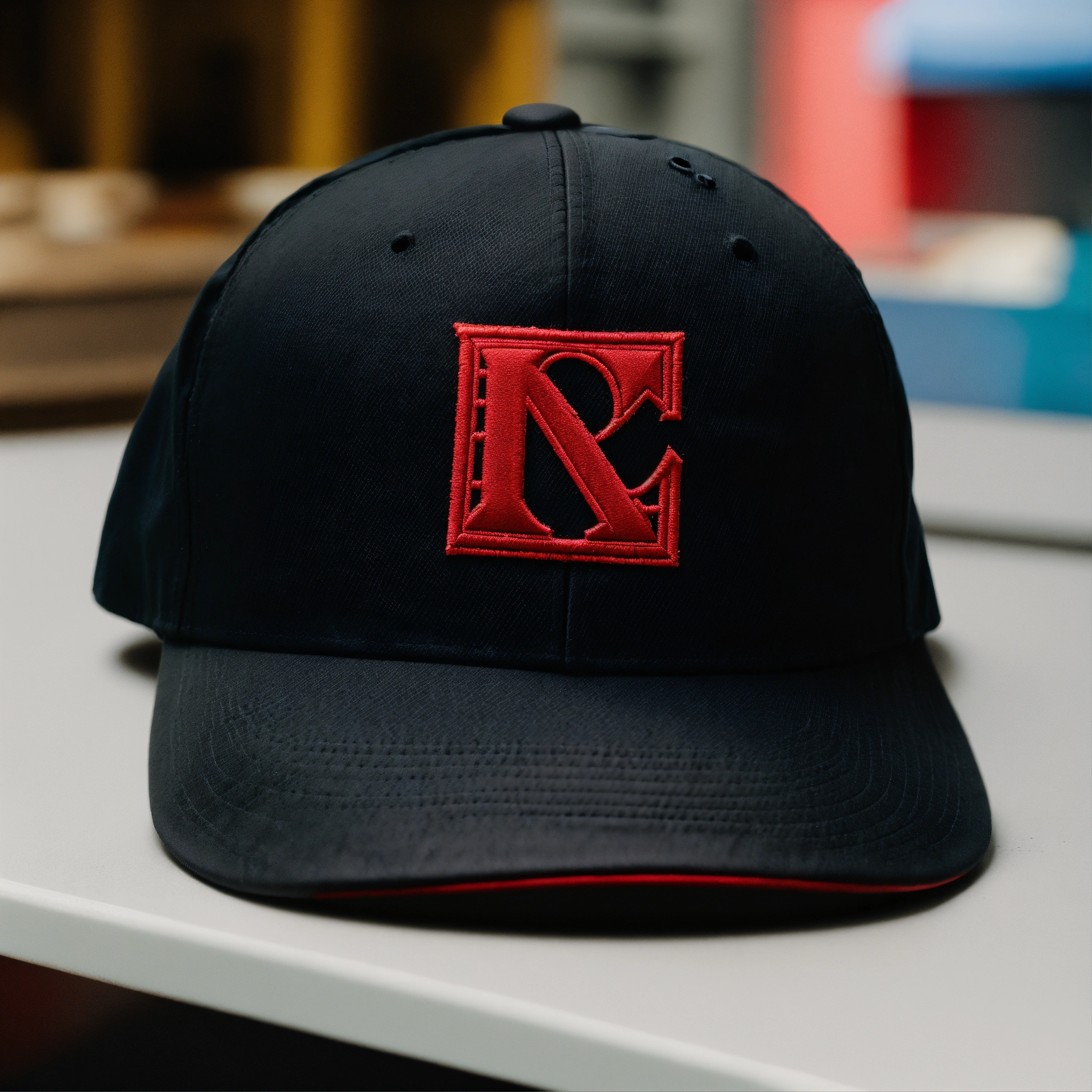 Lexica - A photo of a black baseball cap with a red logo on the front ...