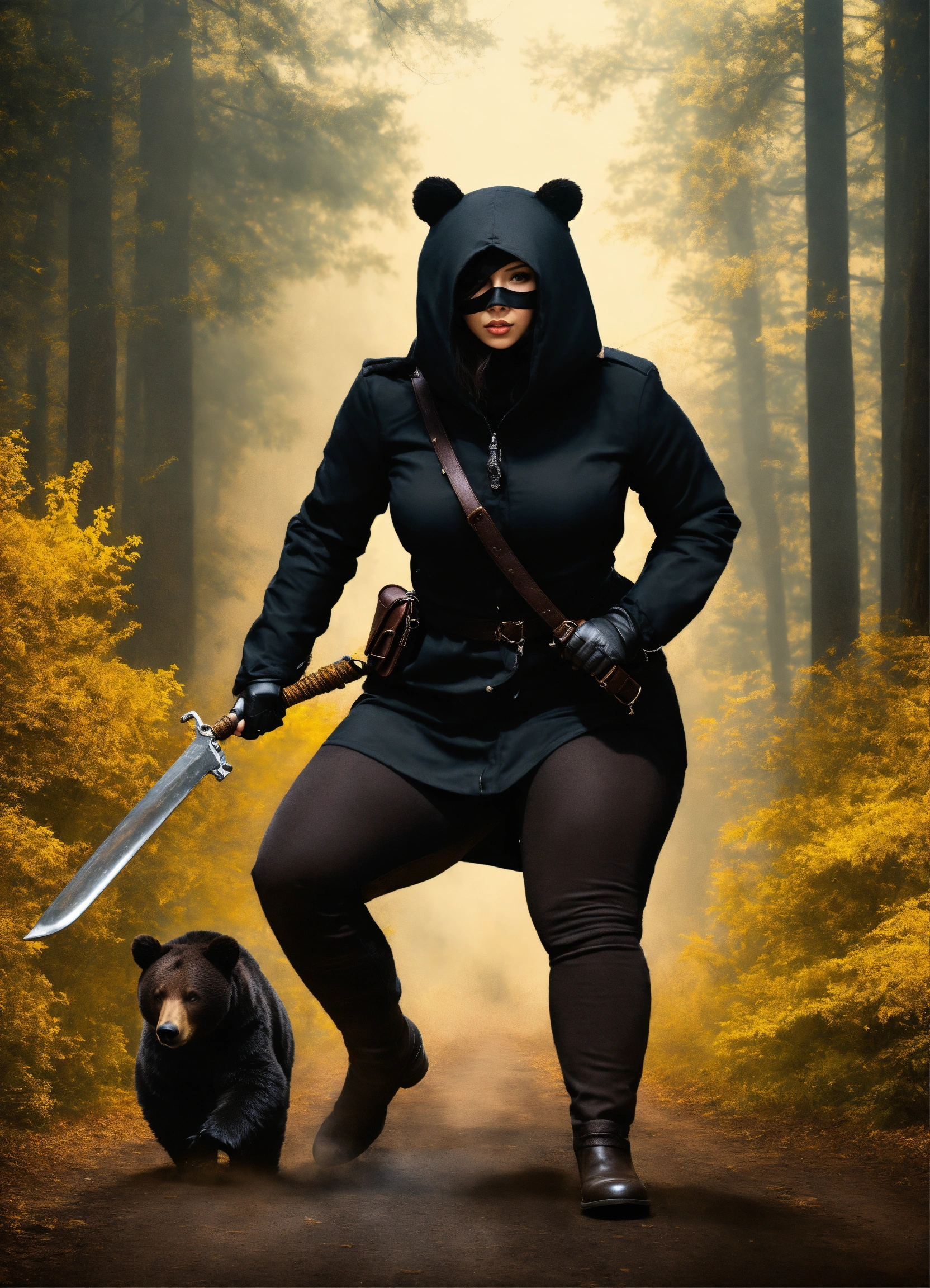 Lexica - Masked thief woman dressed in black riding a bear