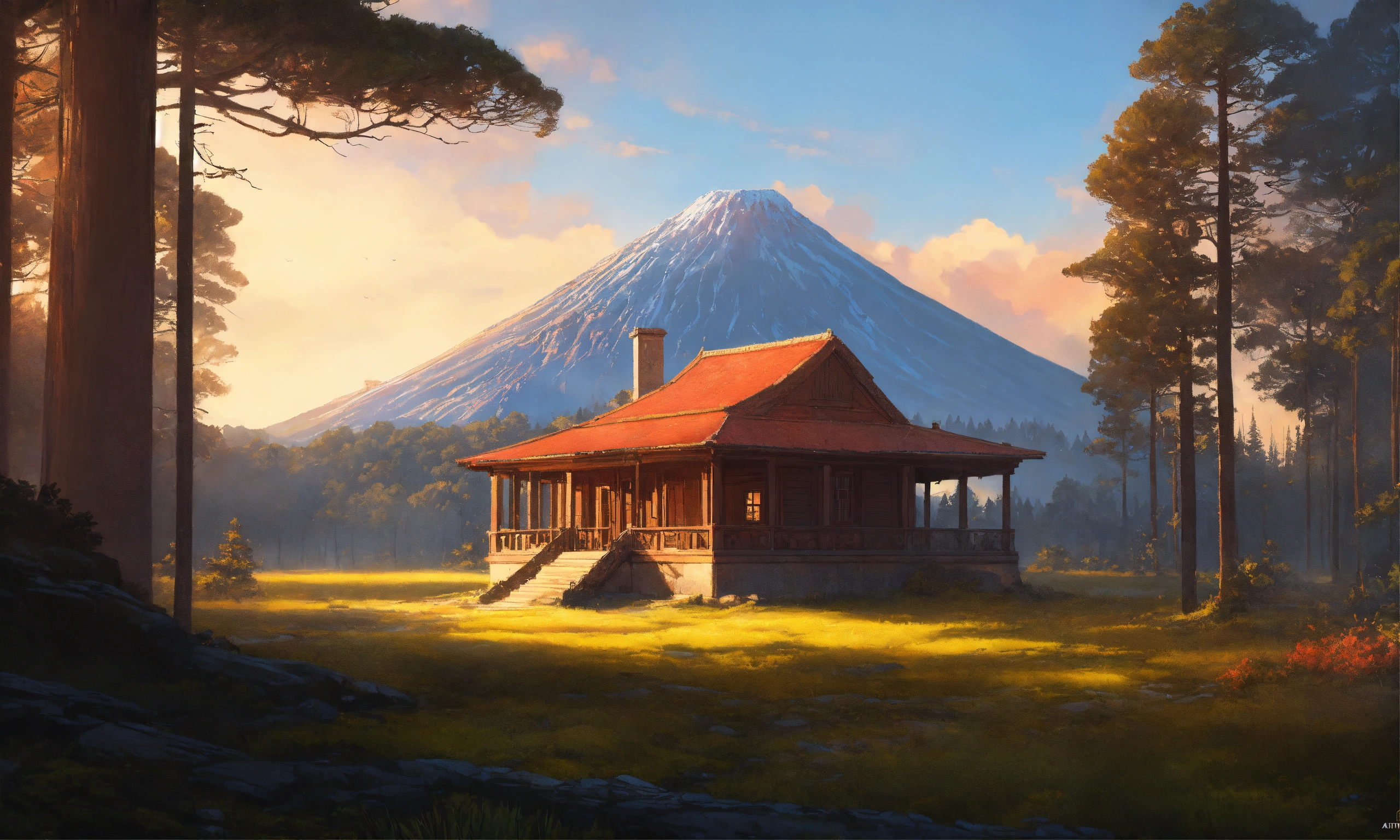 Lexica - Colonial blockhouse with dormant volcano in distance and pine ...