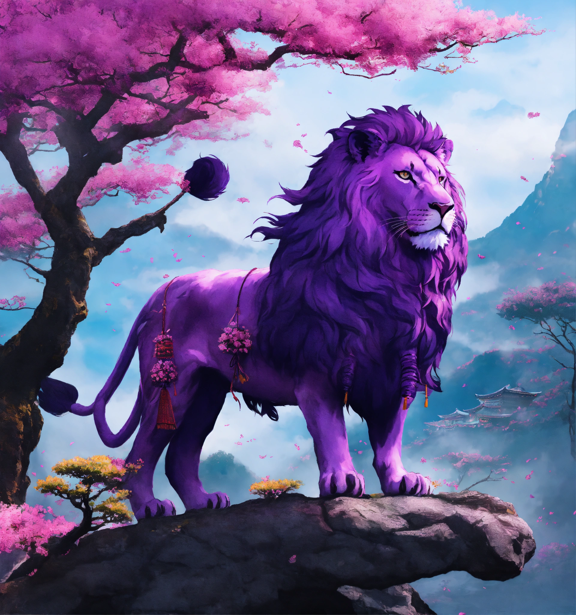Lexica - Lion samurai. violet japanese tree.