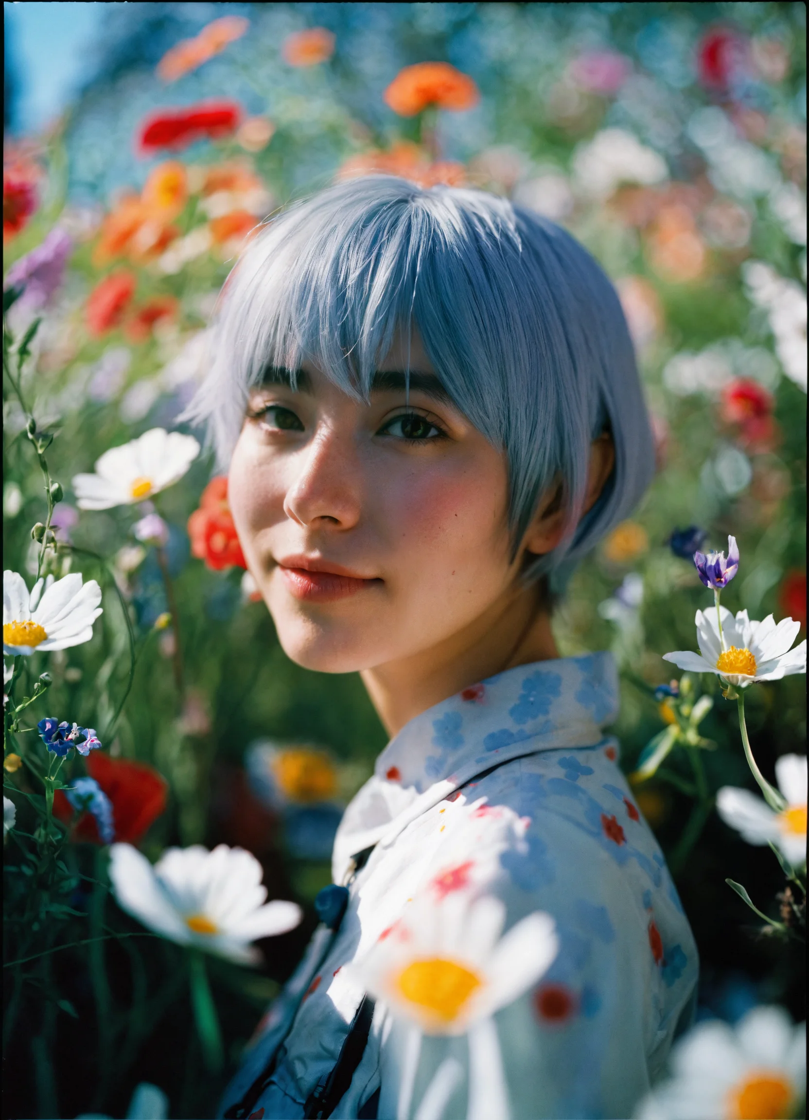 Lexica - Happy Rei Ayanami standing in a beautiful field of flowers ...