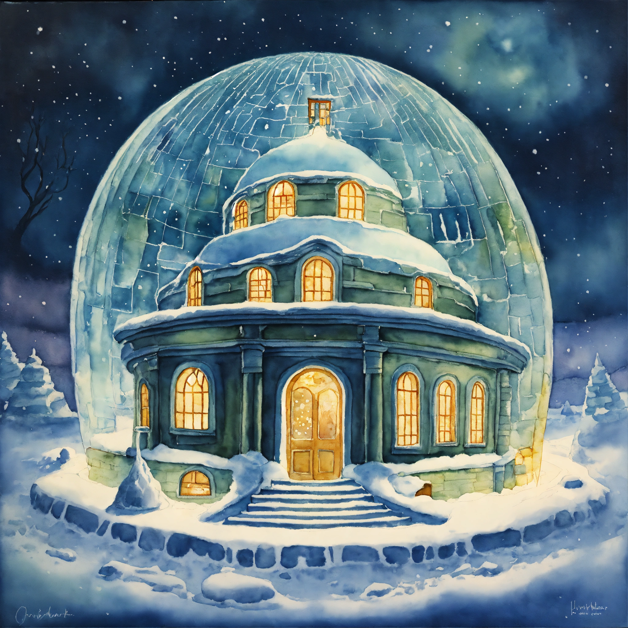 Lexica - A watercolor painting depicting an intricately detailed igloo ...