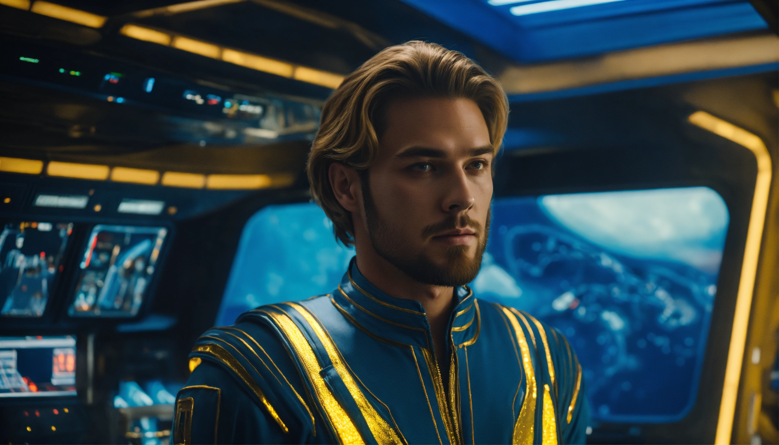 Lexica - Handsome galactic man in blue and gold jumpsuit, long light ...