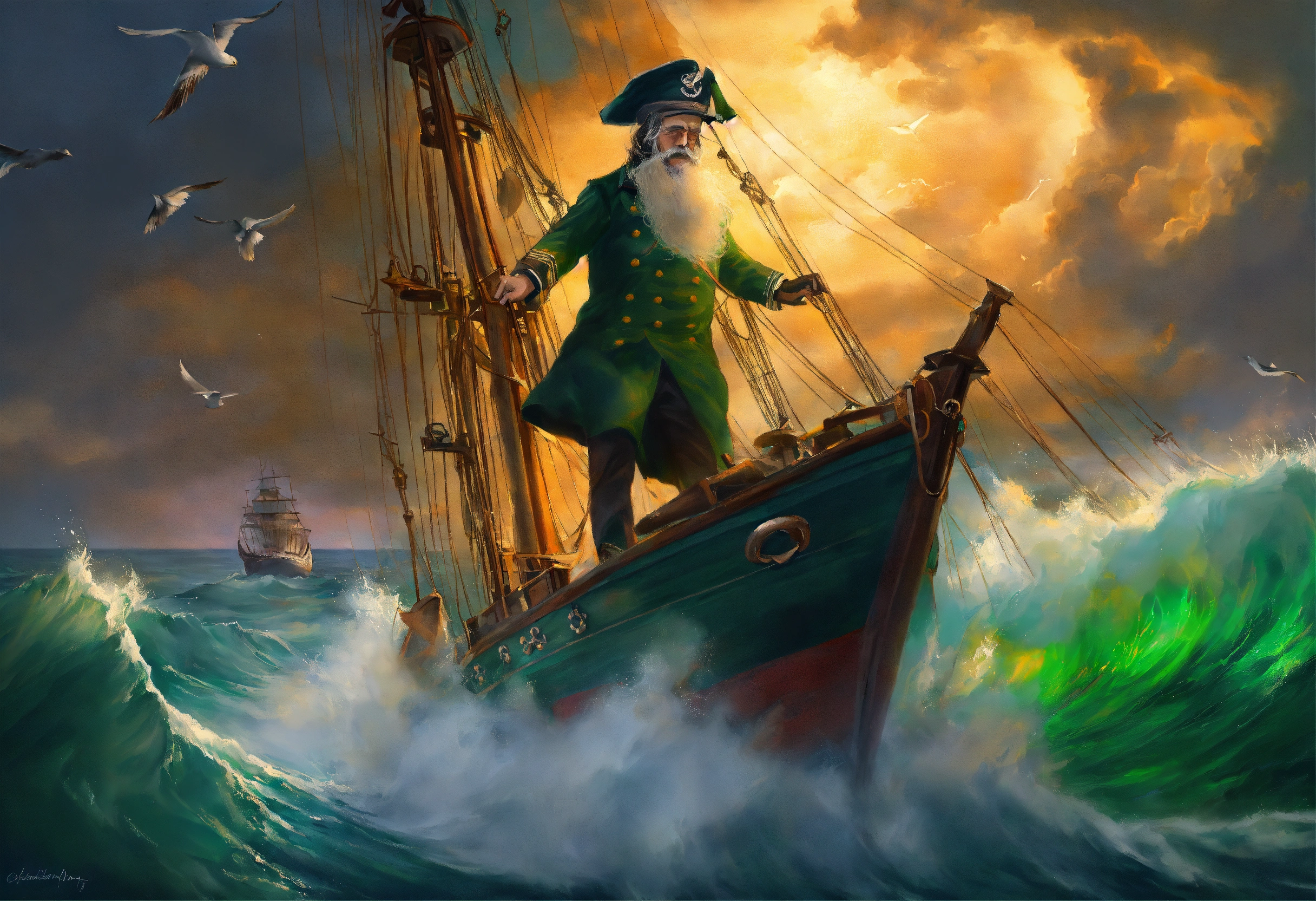 Lexica - A detailed oil painting of an ((((old sea captain, steering ...