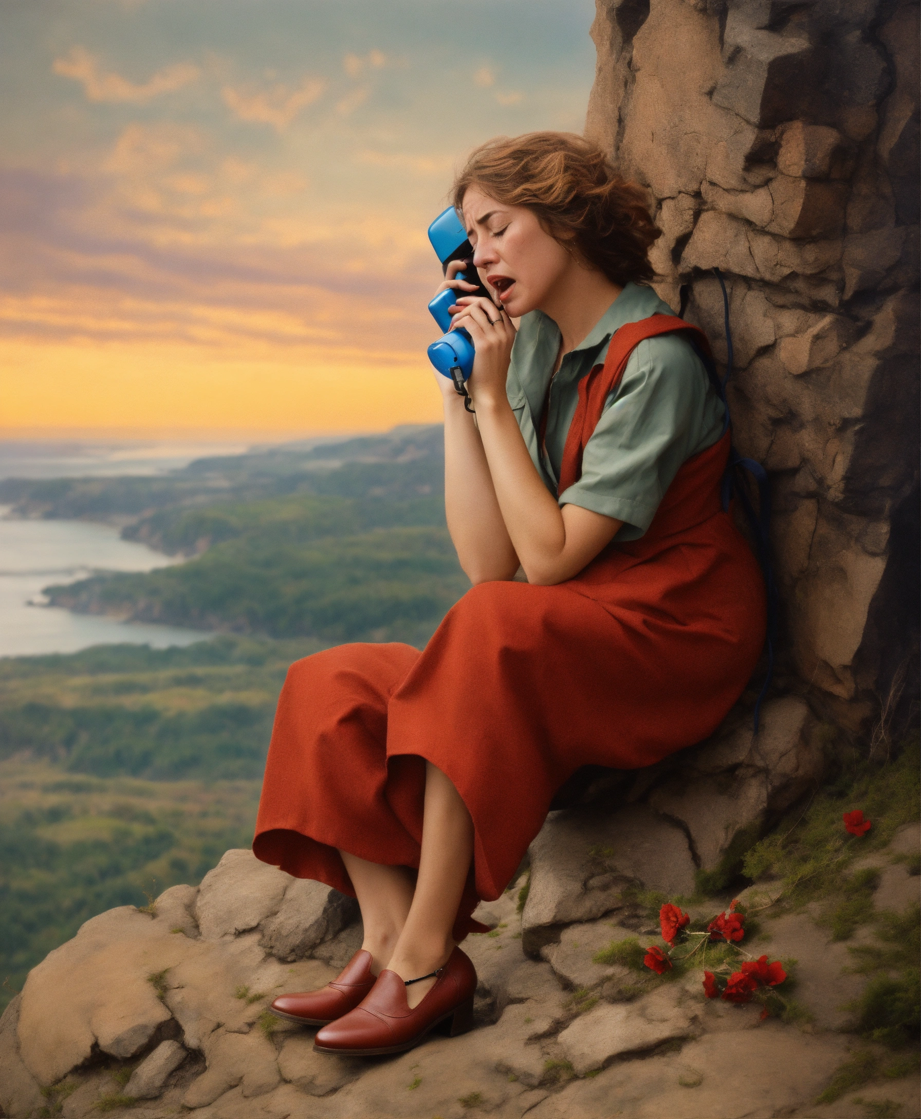 Lexica - A broken heart personified calling on the phone from a cliff ...