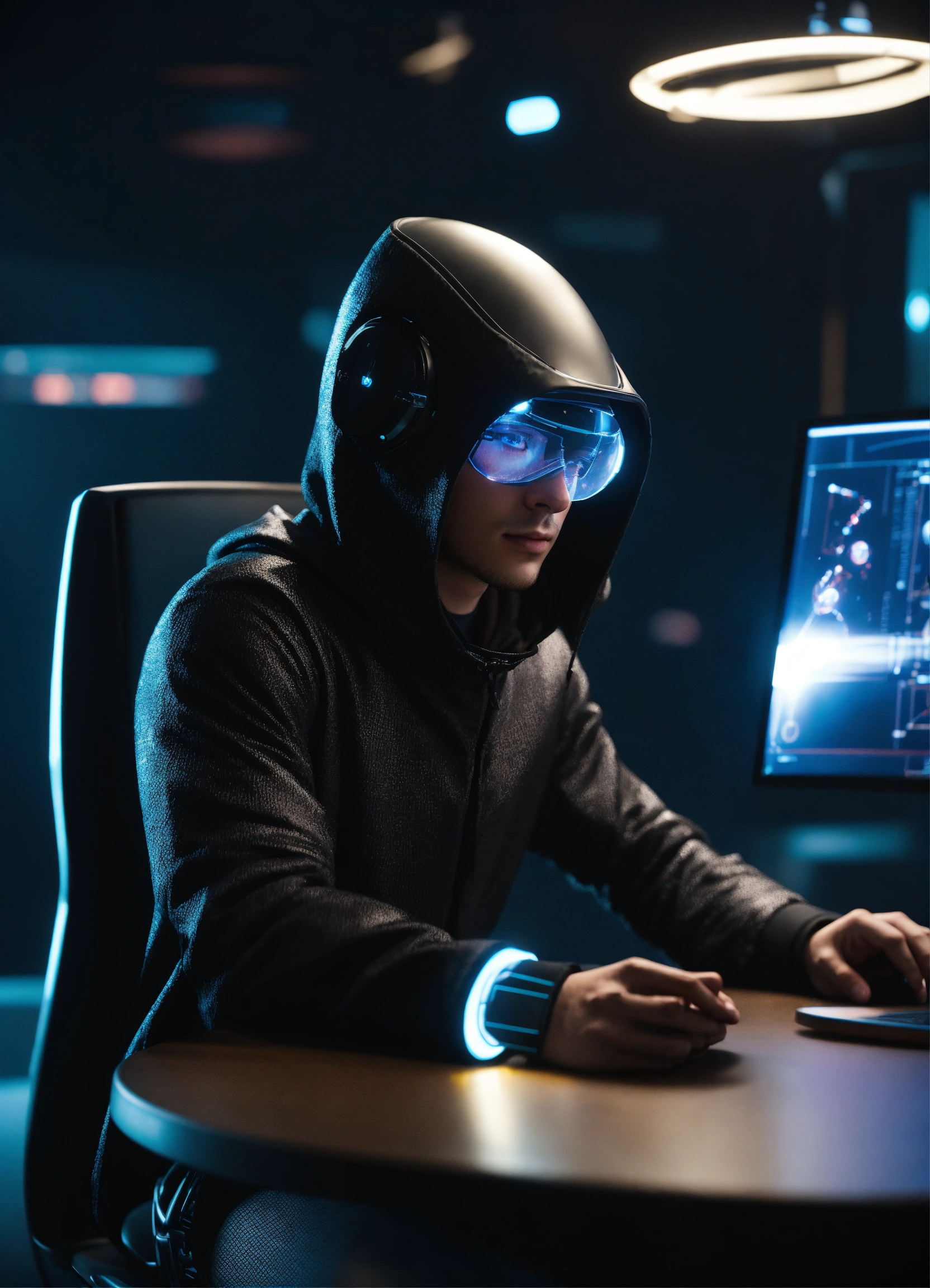 Lexica - Nerdy 25 year old male hacker wearing futuristic black ...