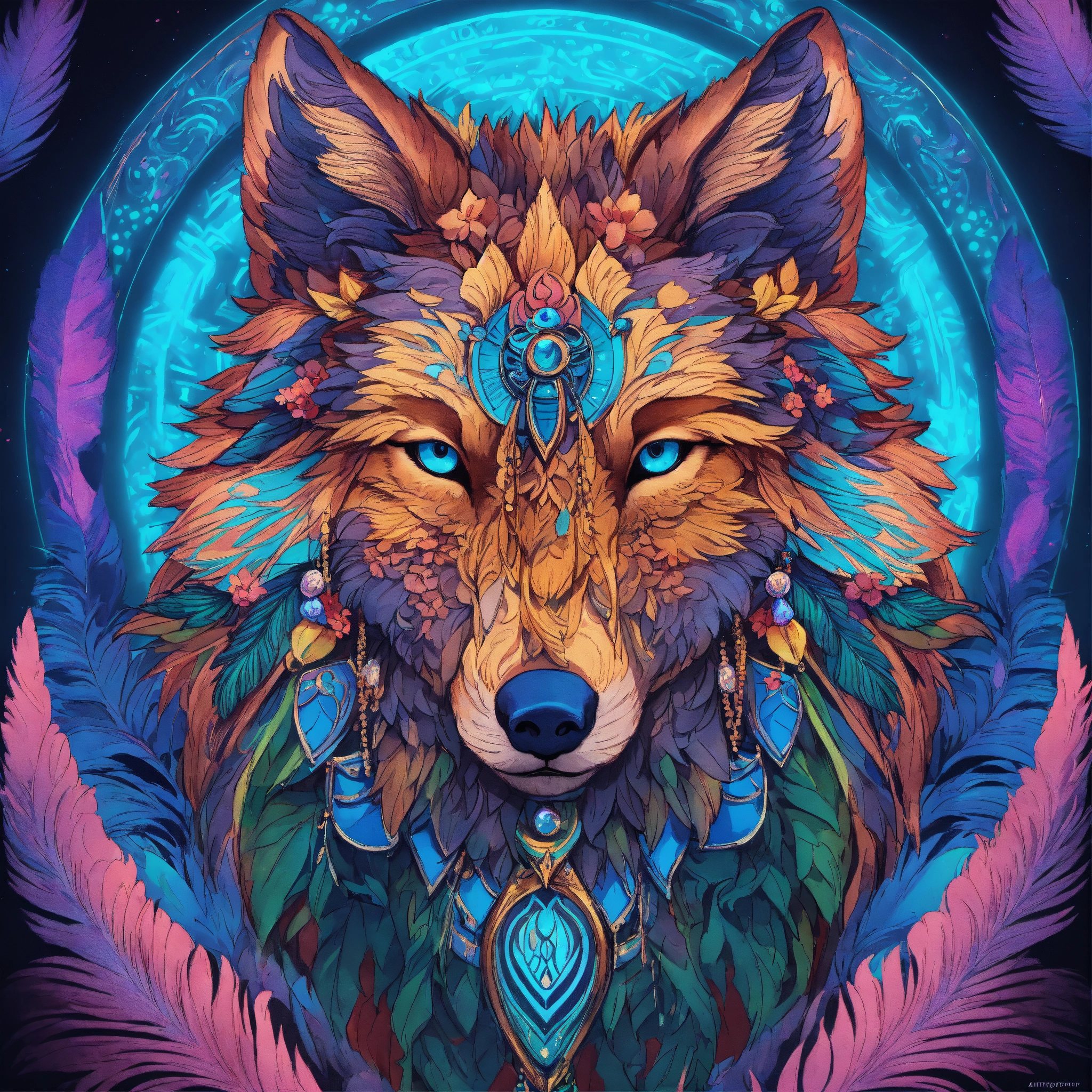 Lexica - Centered detailed portrait of a male wolf, vibrant peacock ...