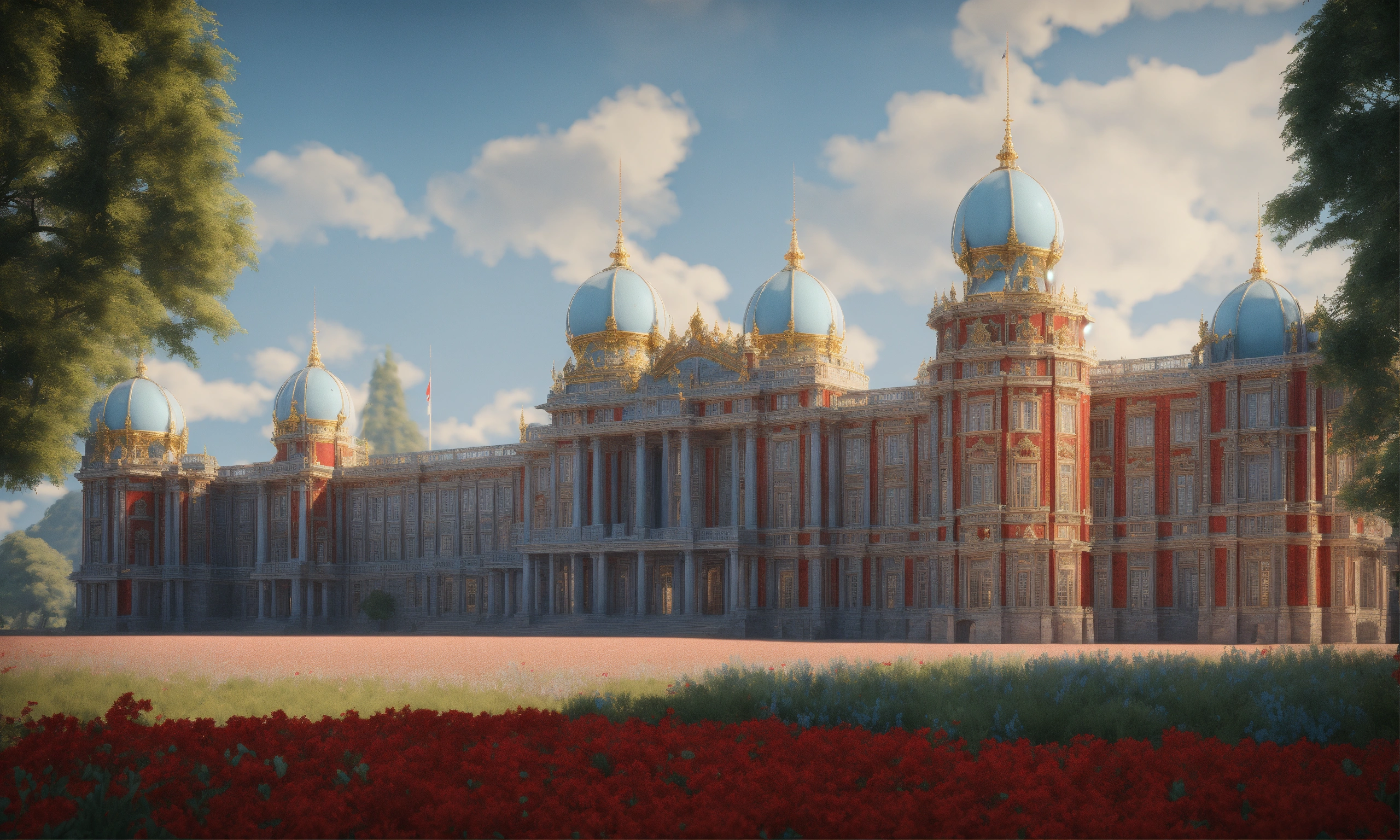 Lexica - Full image of a massive royal palace with light blue and red ...