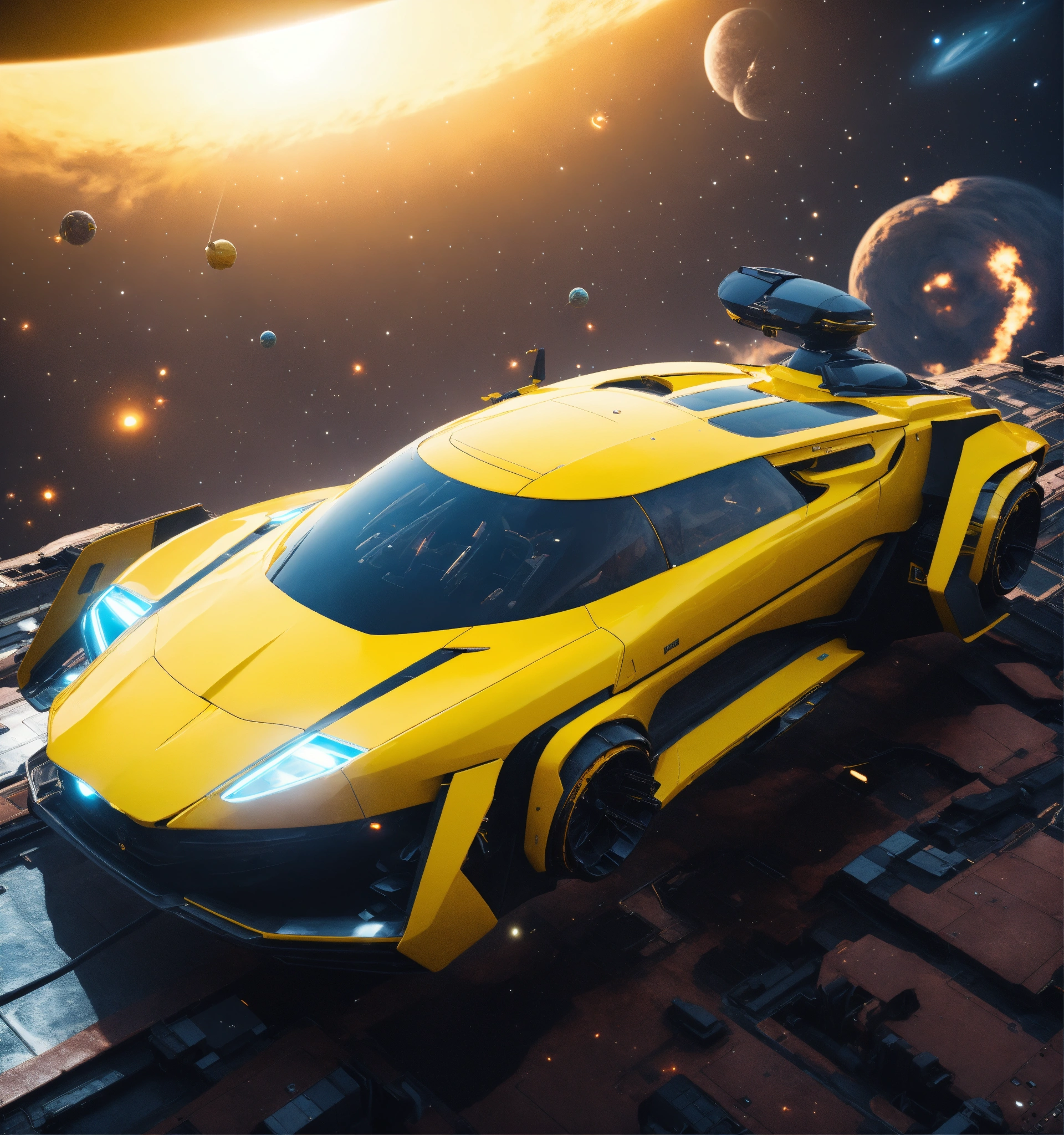 Lexica - Sleek flying yellow beat up futuristic clunker car shooting ...