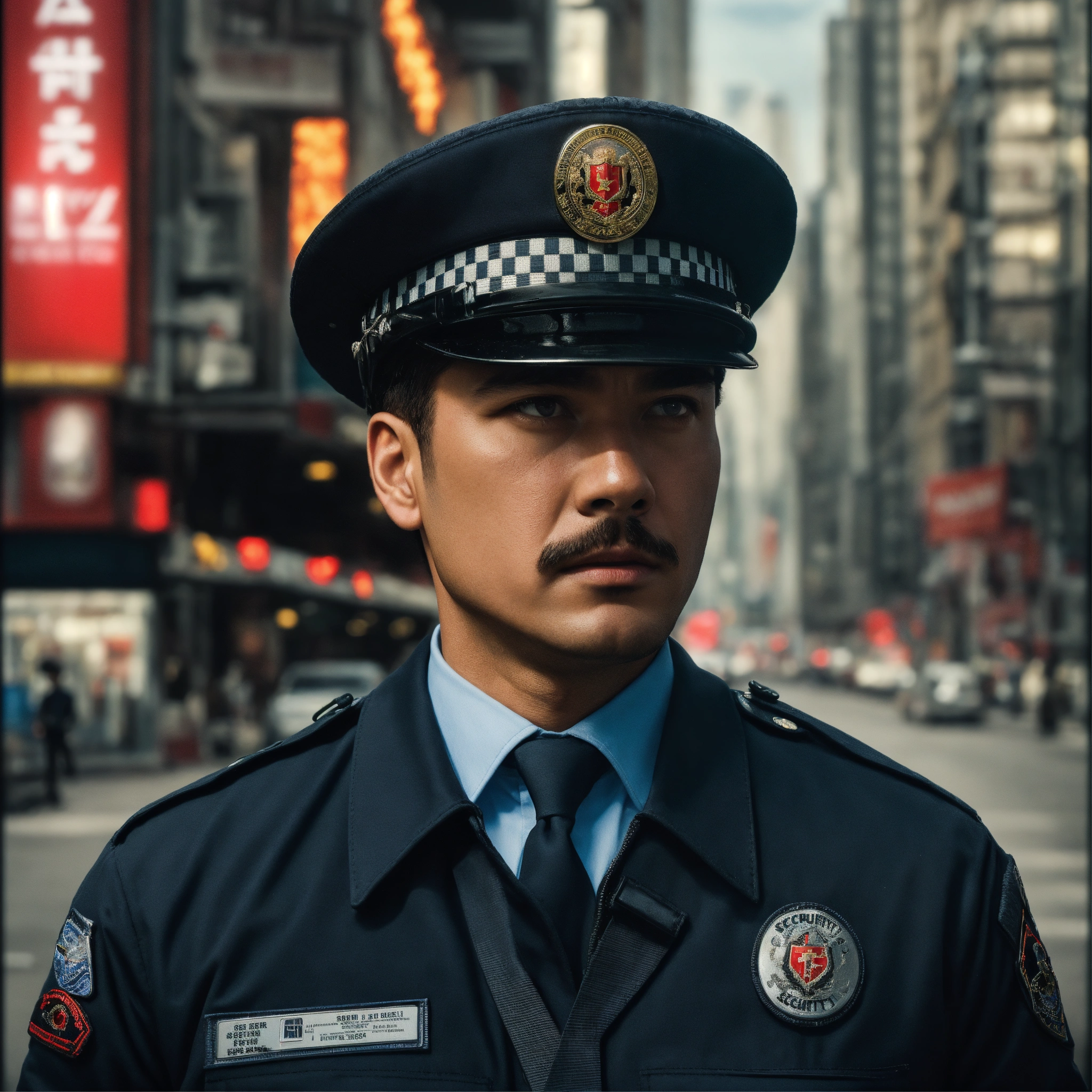 Lexica - A lone security officer wearing security cap, movie poster style